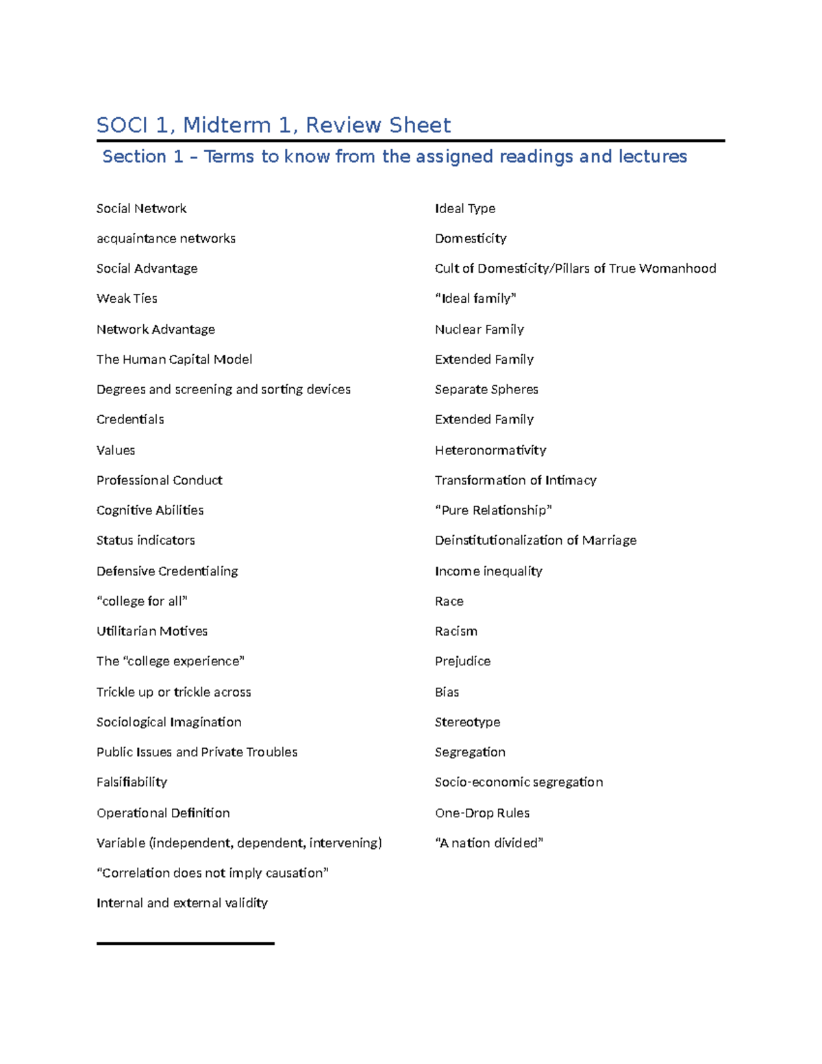 SOCI 1 Midterm 1 Review Sheet - Key Concepts and Questions for Fall 2024 - Studocu