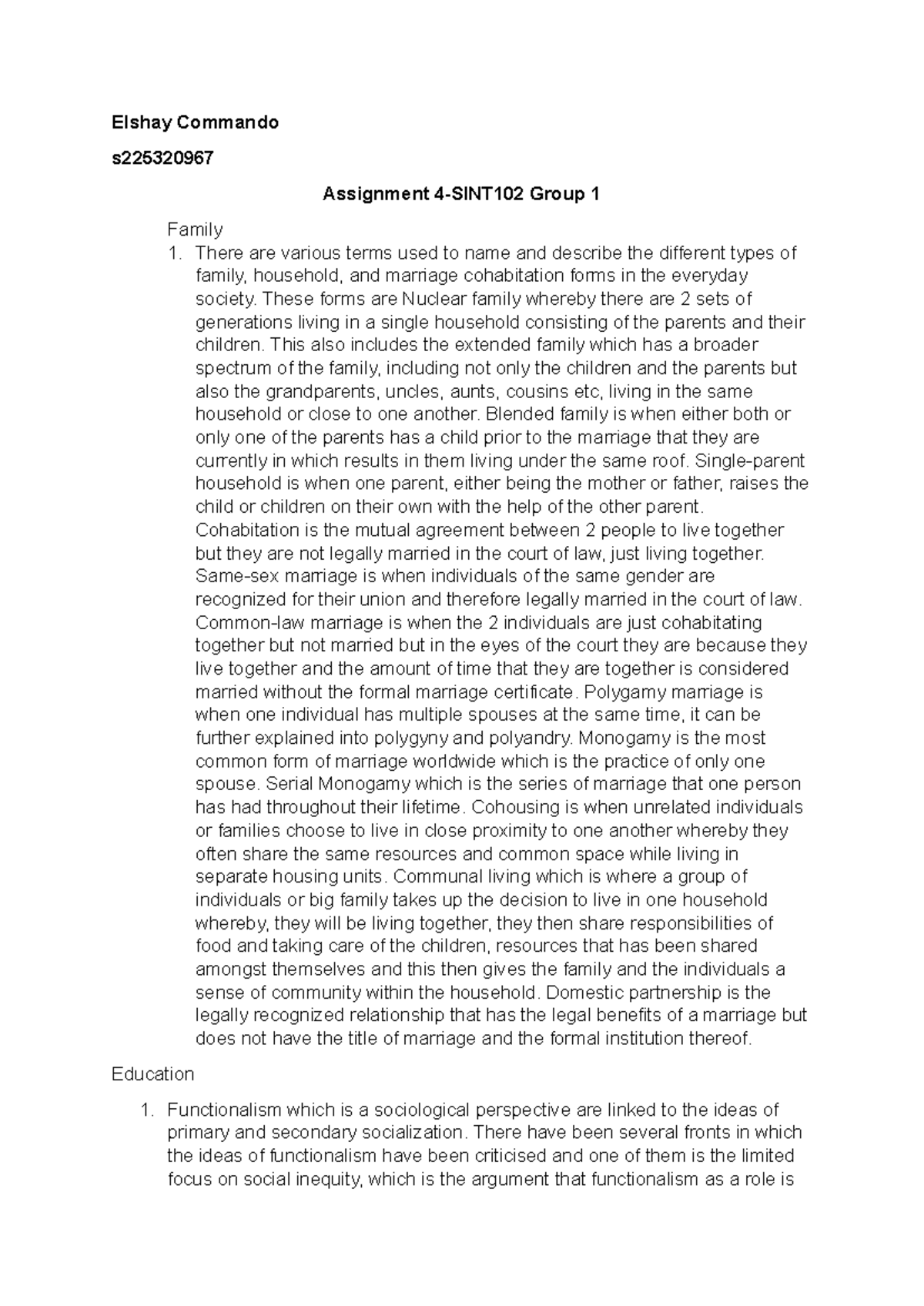 Sociology S225320967 Assignment 4: Family Structures and Dynamics - Studocu