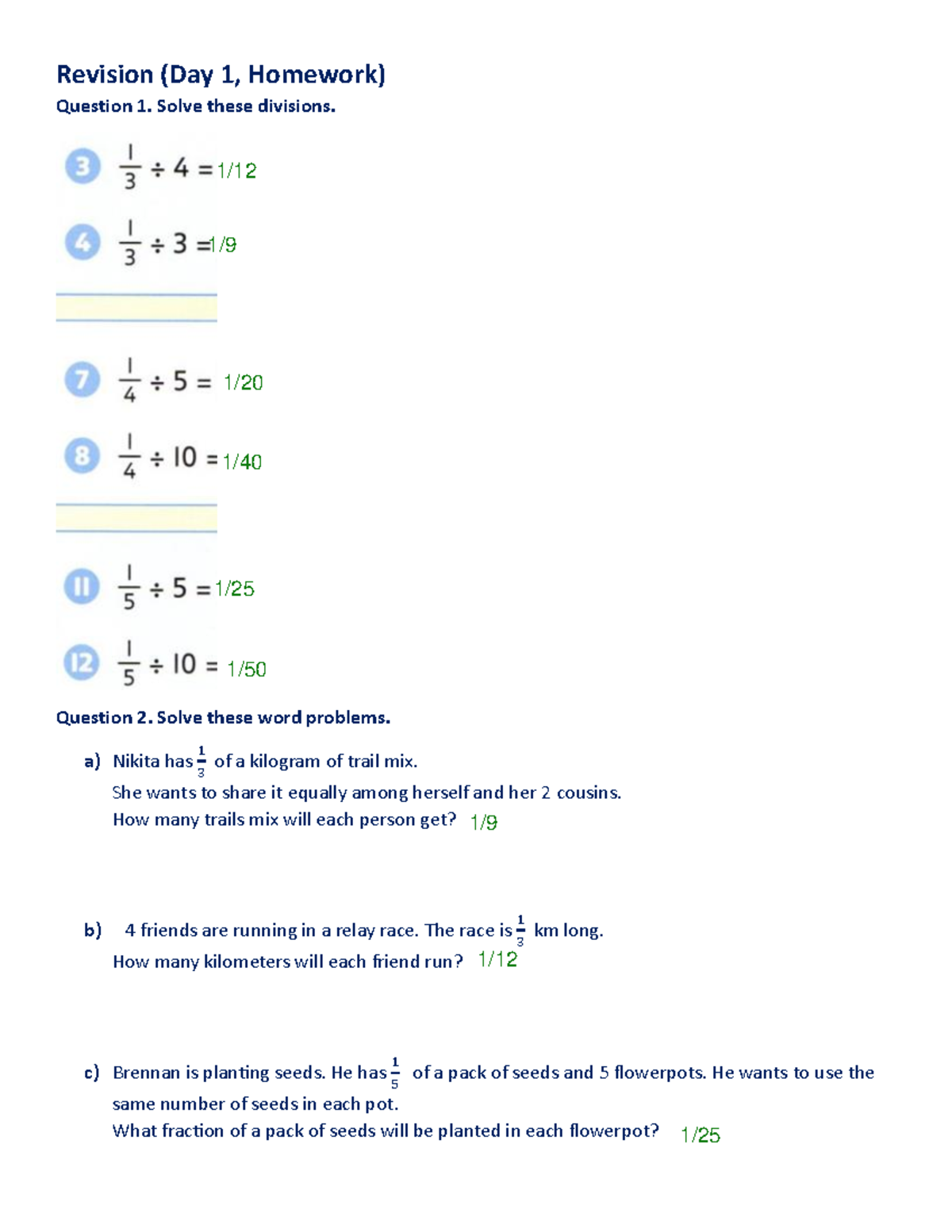 Day 1 Homework Answers - Revision on Divisions & Word Problems - Studocu