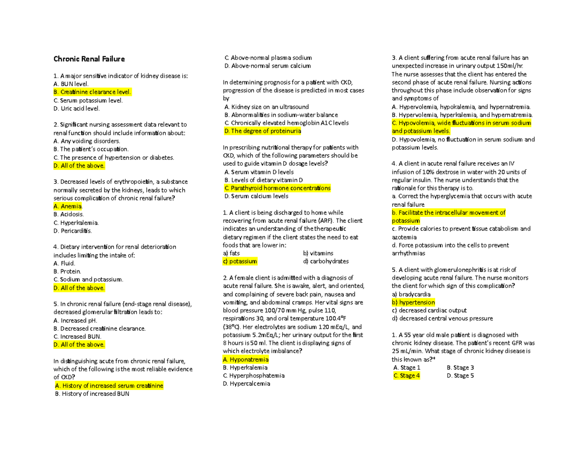 Chronic Renal Failure - Practice Questions for Nursing 101 - Studocu