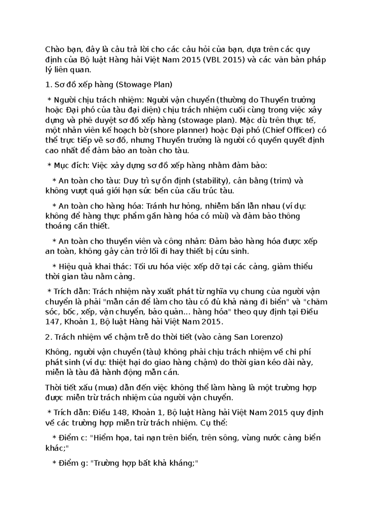 VBL 2015: Trách Nhiệm Vận Chuyển và Quy Định Hàng Hải - Studocu