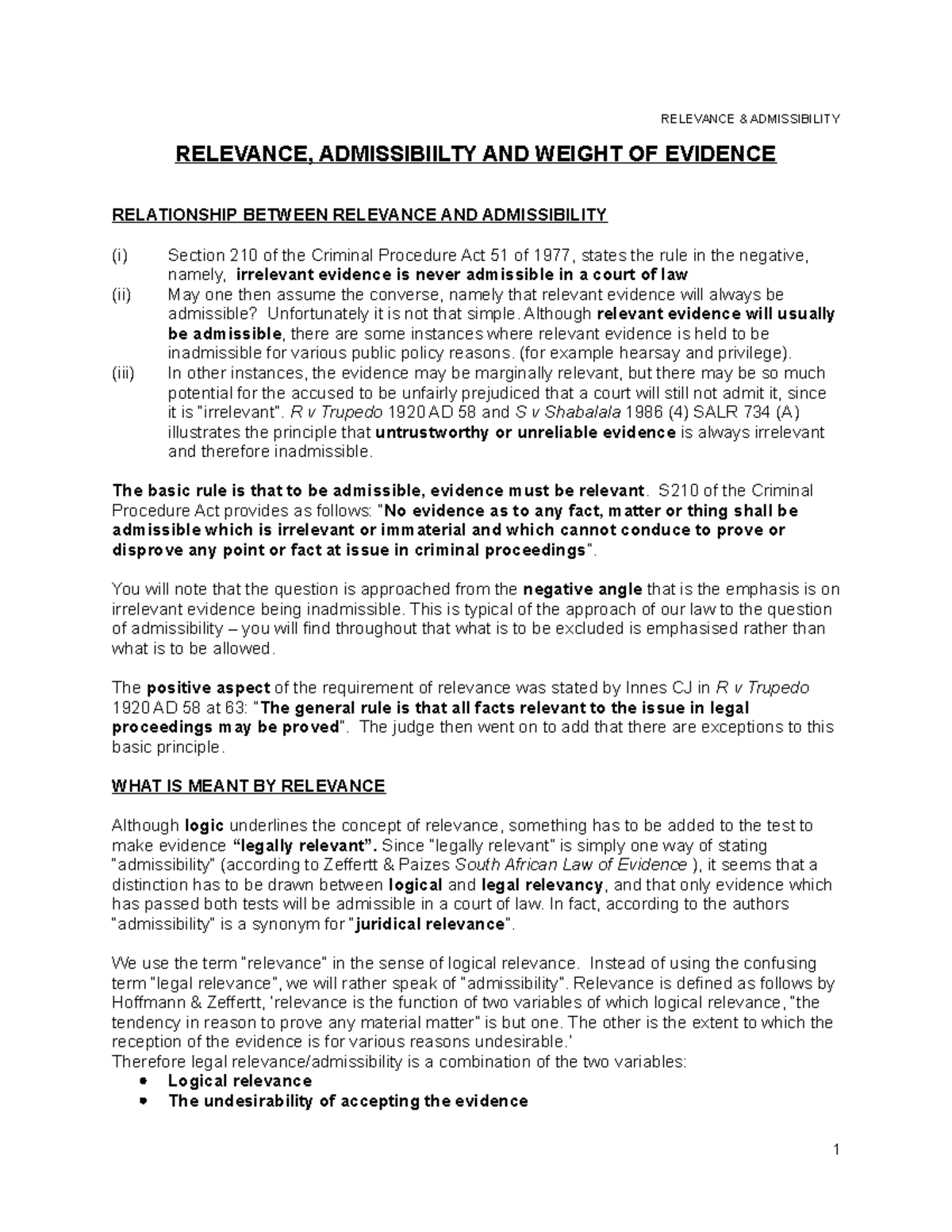Relevance & Admissibility of Evidence: Insights for Law Students - Studocu