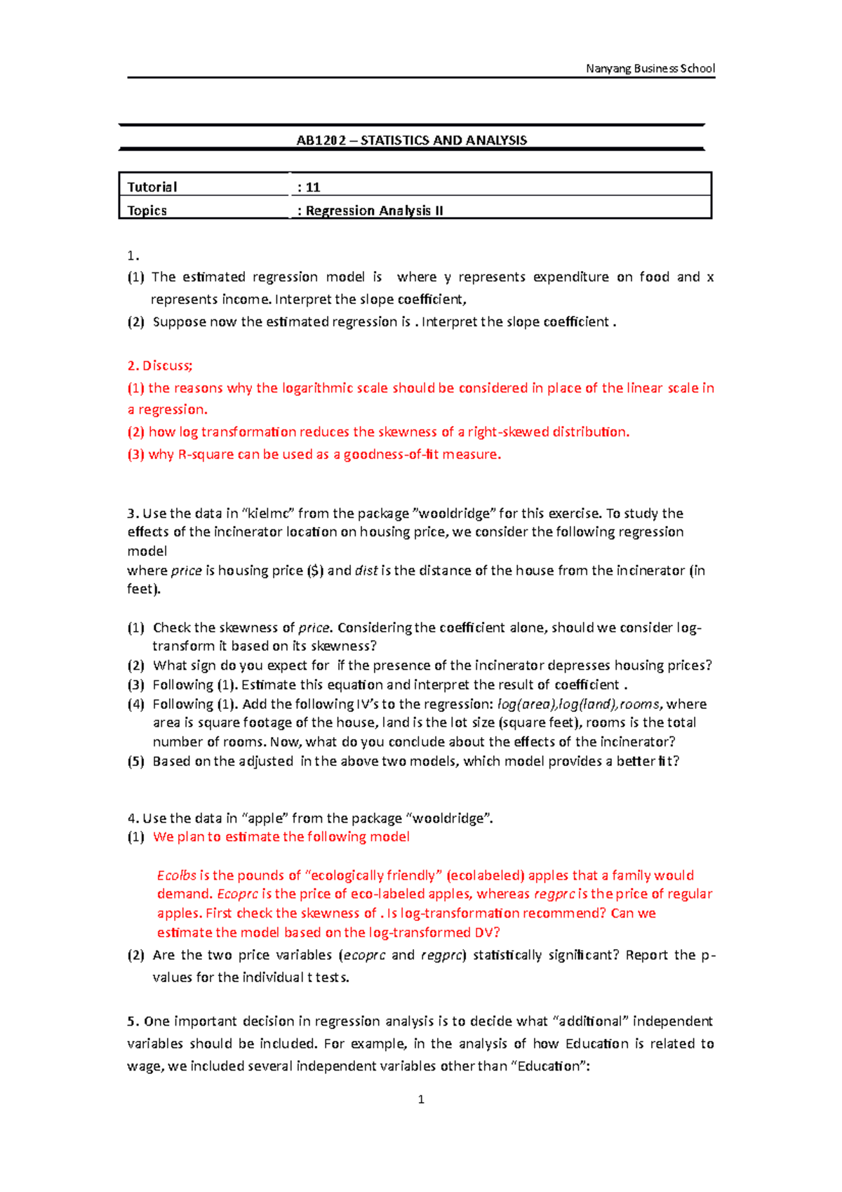 Questions week 11 - Nanyang Business School AB1202 – STATISTICS AND ...