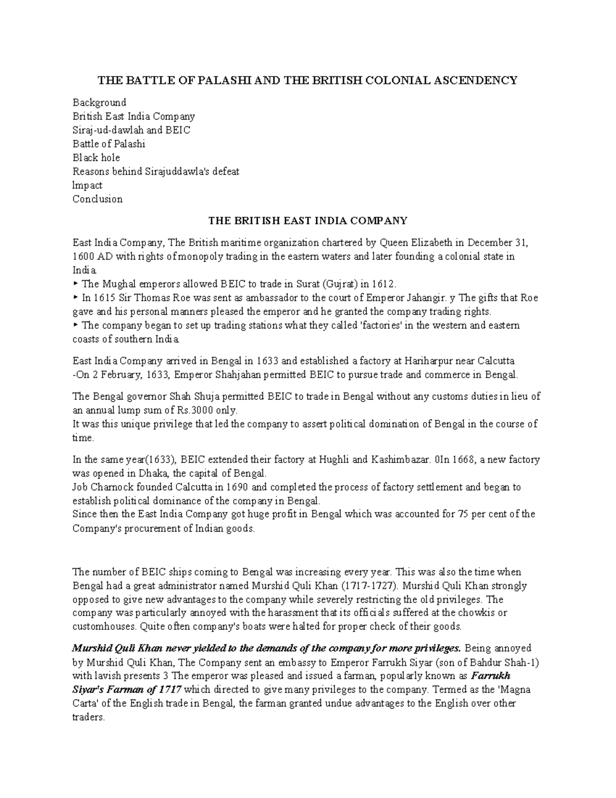 THE Battle OF Palashi AND THE British Colonial Ascendency - THE BATTLE ...