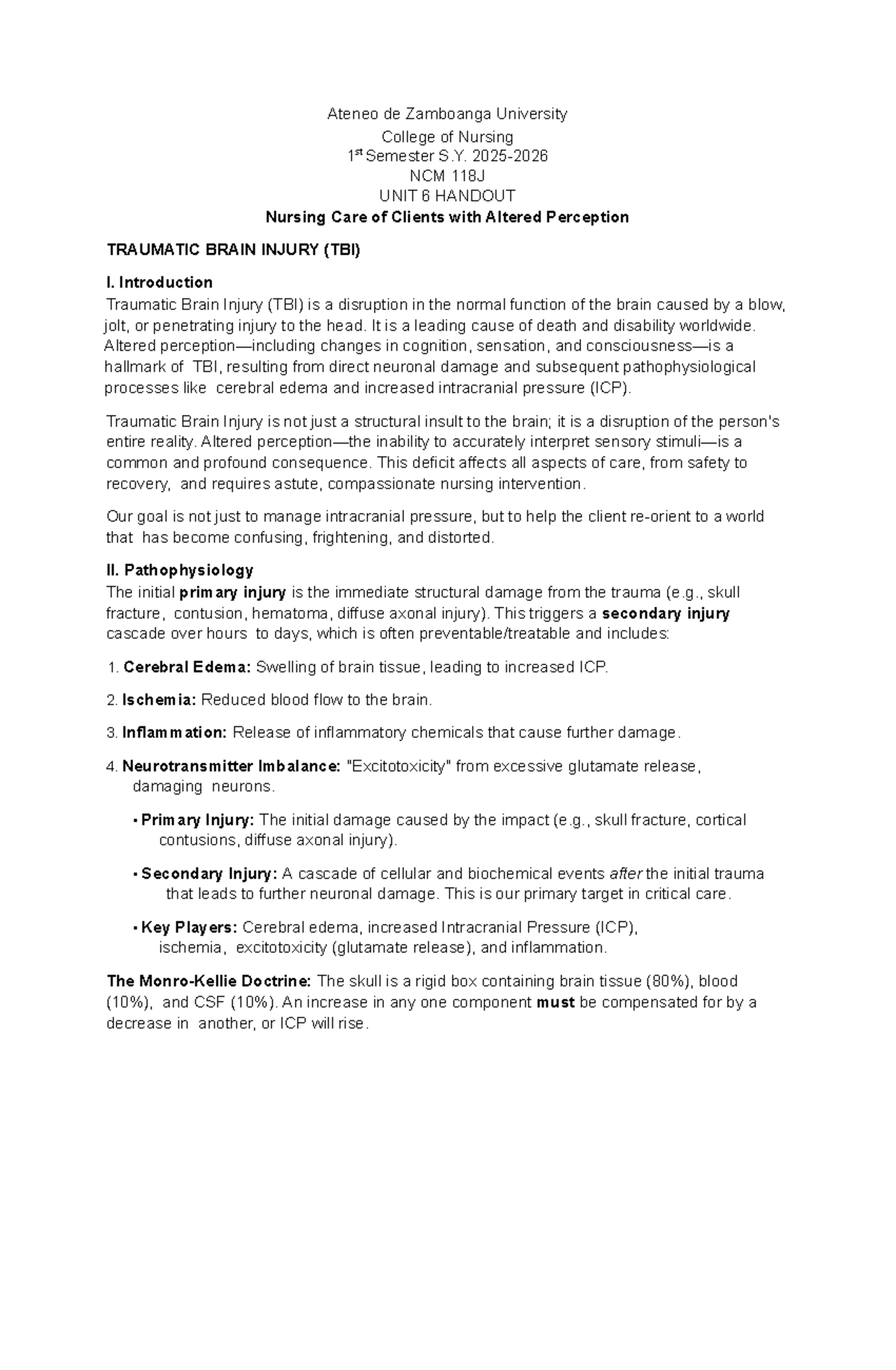 NCM 118J UNIT 6 HANDOUT: Nursing Care for Traumatic Brain Injury - Studocu