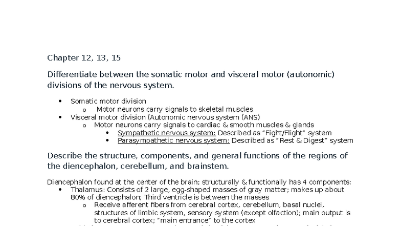 Cranial Nerves, Homeostasis, and CNS Functions: Chapters 12-15 Overview ...