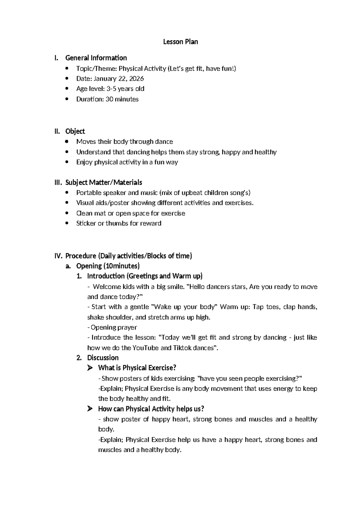 Lesson Plan I: Physical Activity & Dance Fun (WPS 092220) - Studocu