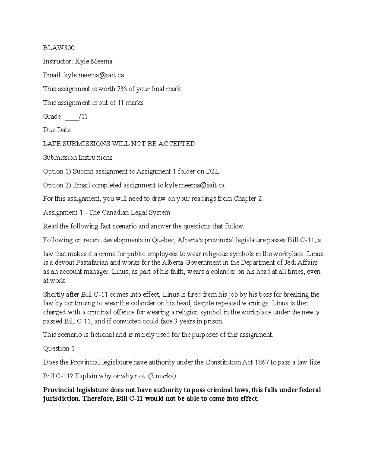 BLAW 101 Assignment 1: The Canadian Legal System Analysis - Studocu