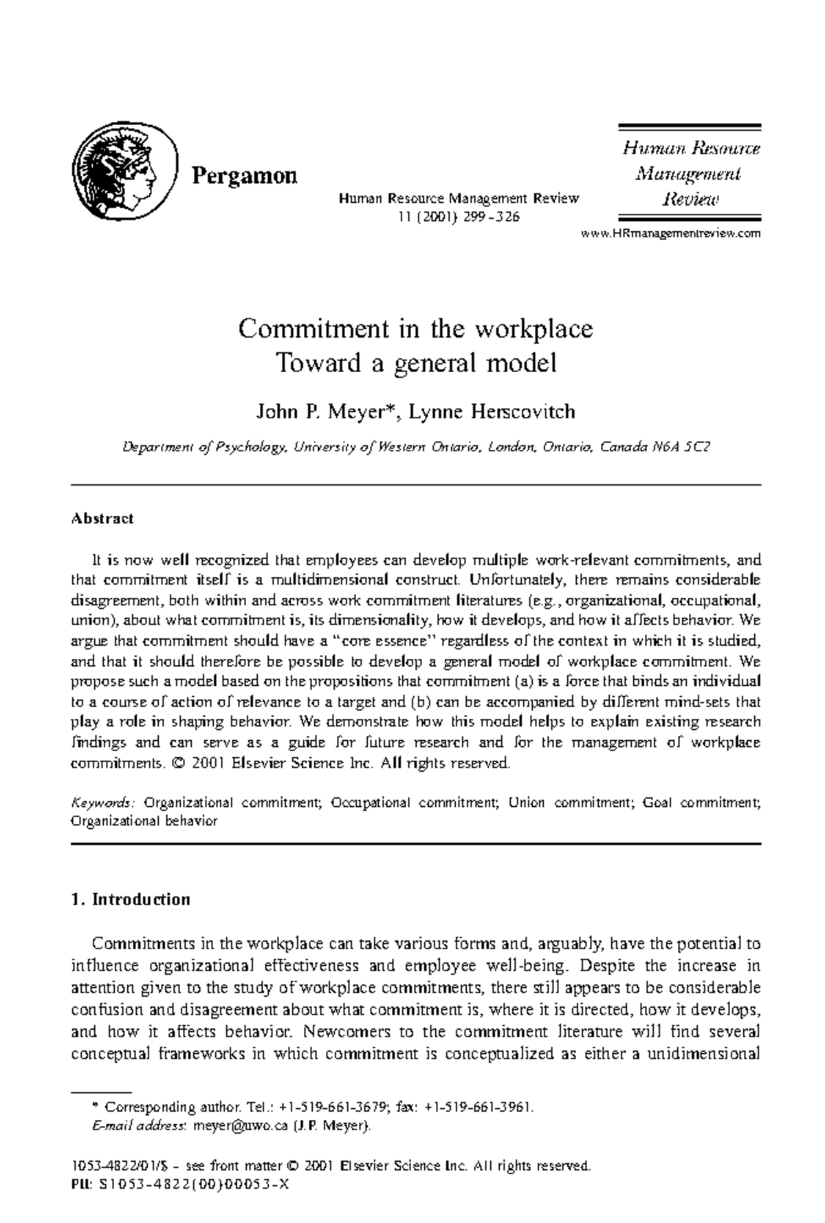 Commitment in the Workplace: A General Model for HRM 11 - Studocu