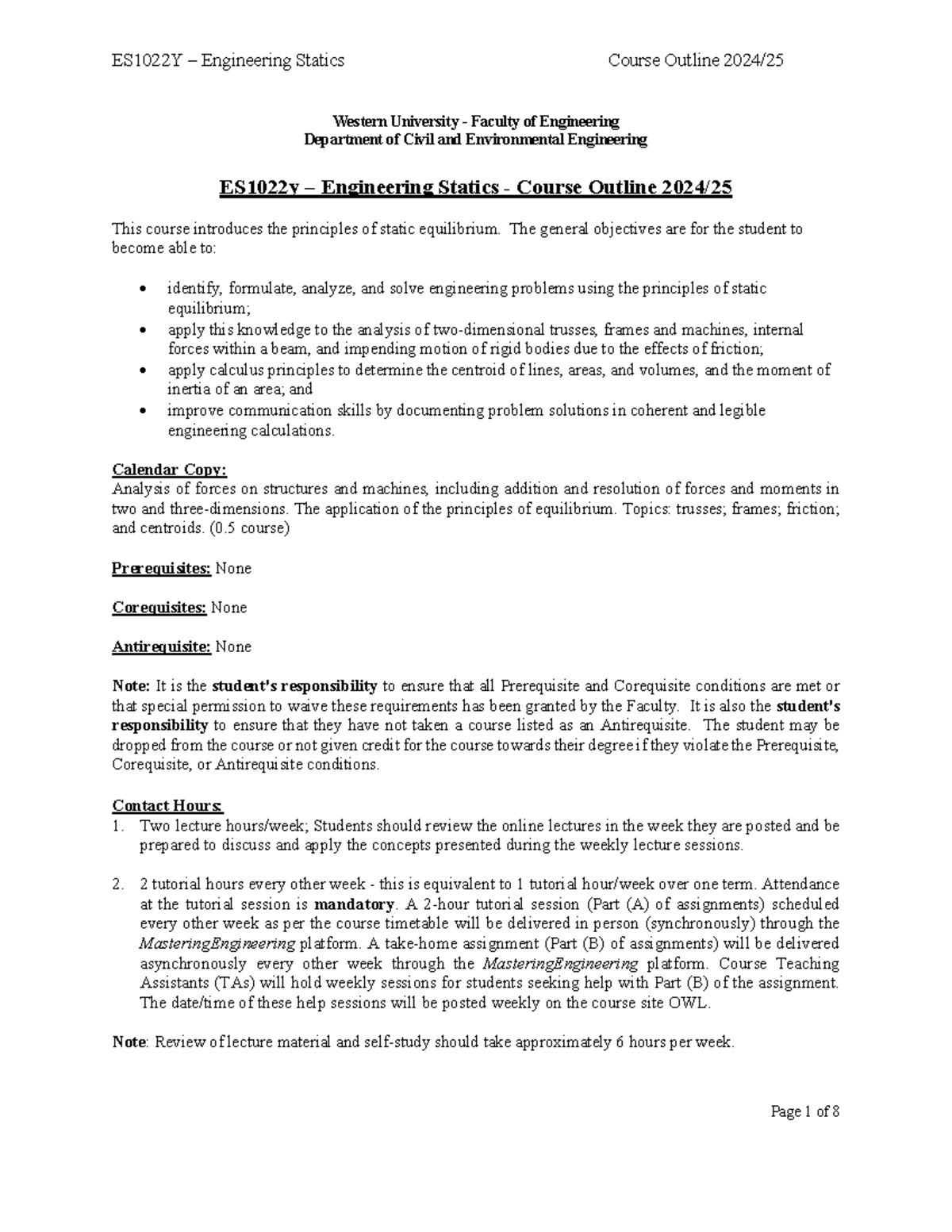ES1022Y Engineering Statics Course Outline 2024-25 at Western ...