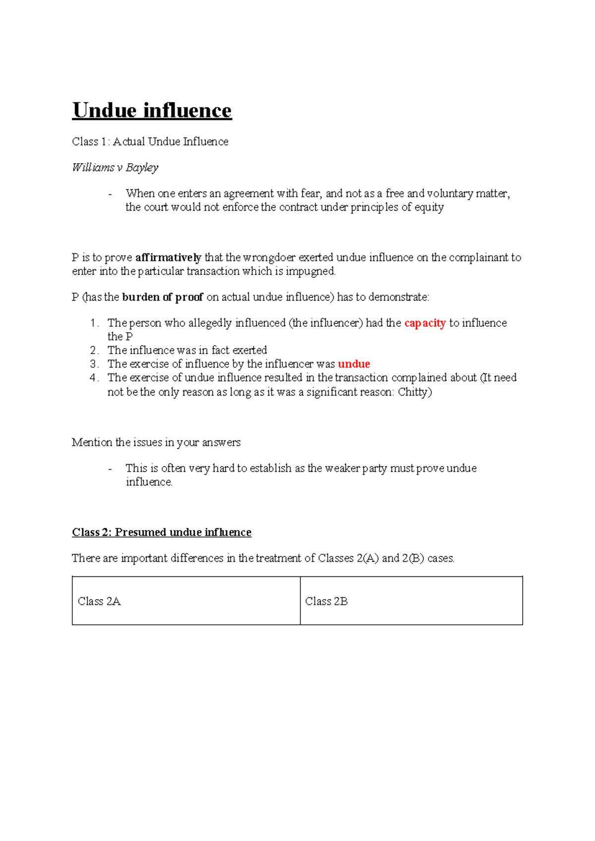 Undue Influence: Class 1 & 2 Analysis and Key Principles - Studocu