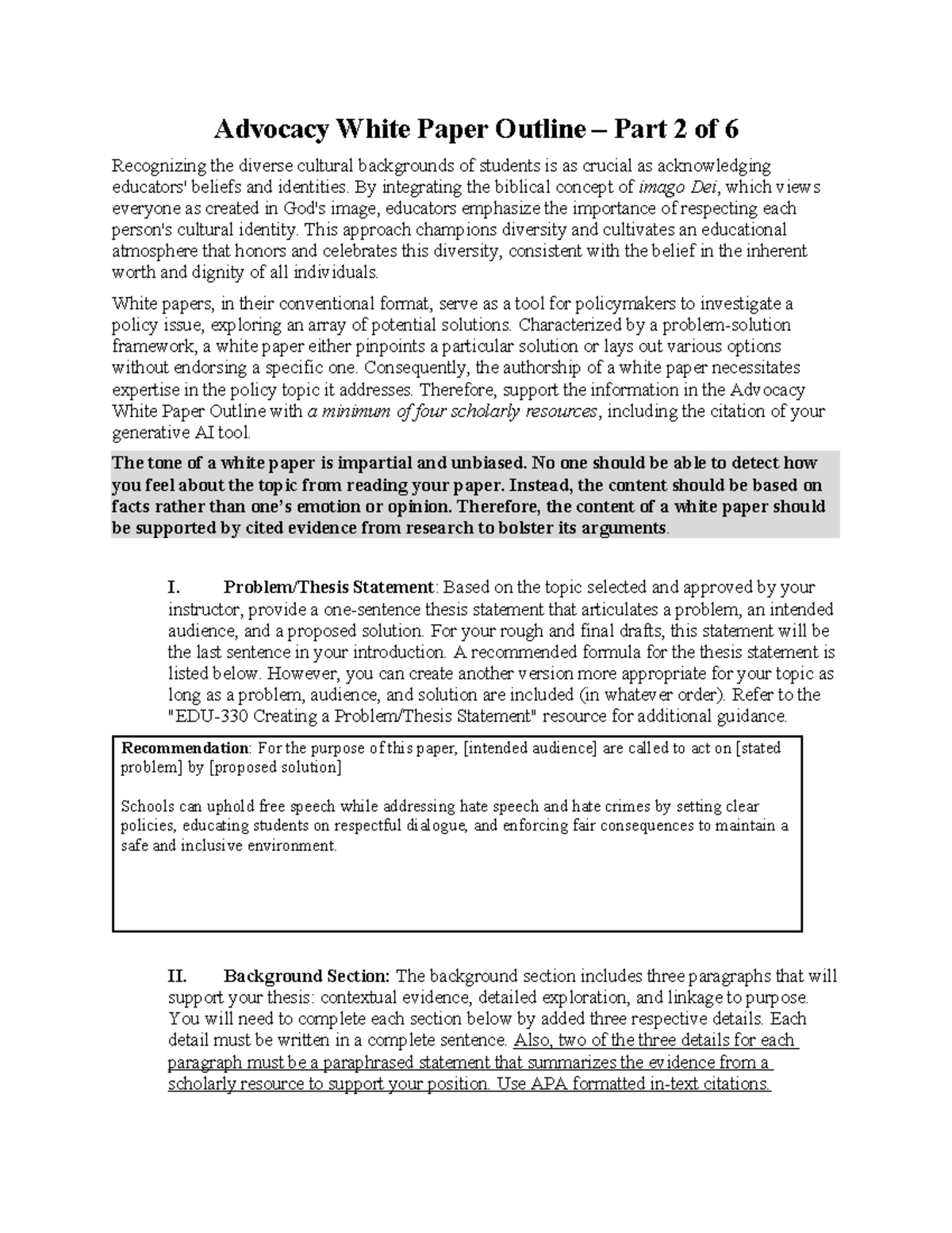 A Part 2 of 6 - assignment - Advocacy White Paper Outline – Part 2 of 6 ...