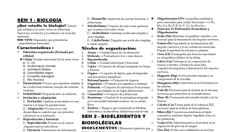 SEM 1 BIOLOGÍA: Resumen de Temas Clave en Biología - Studocu