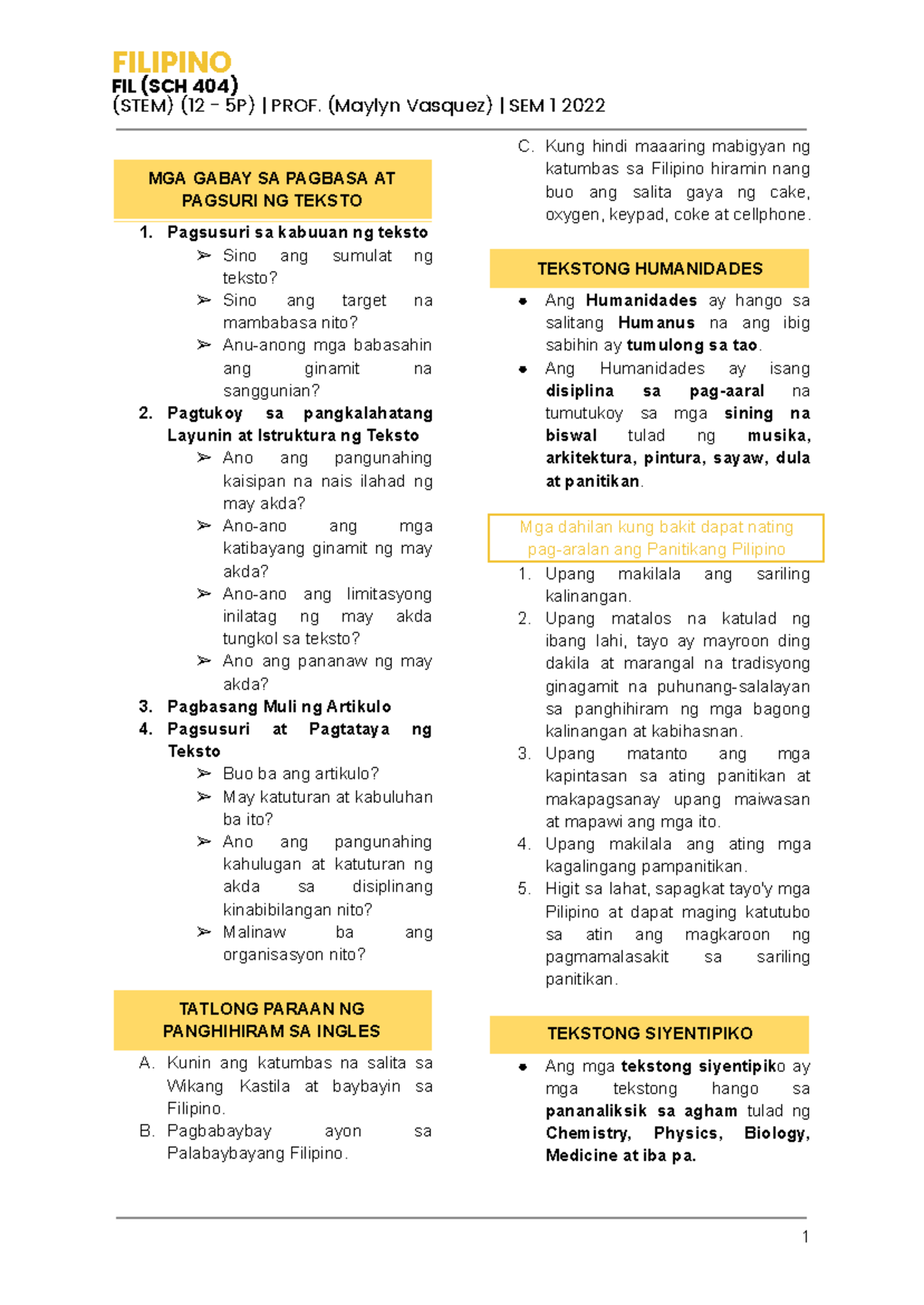 FILIPINO FIL (SCH STEM 12 5P) PROF. MAYLYN VASQUEZ SEM 1 2022 REVIEWER ...
