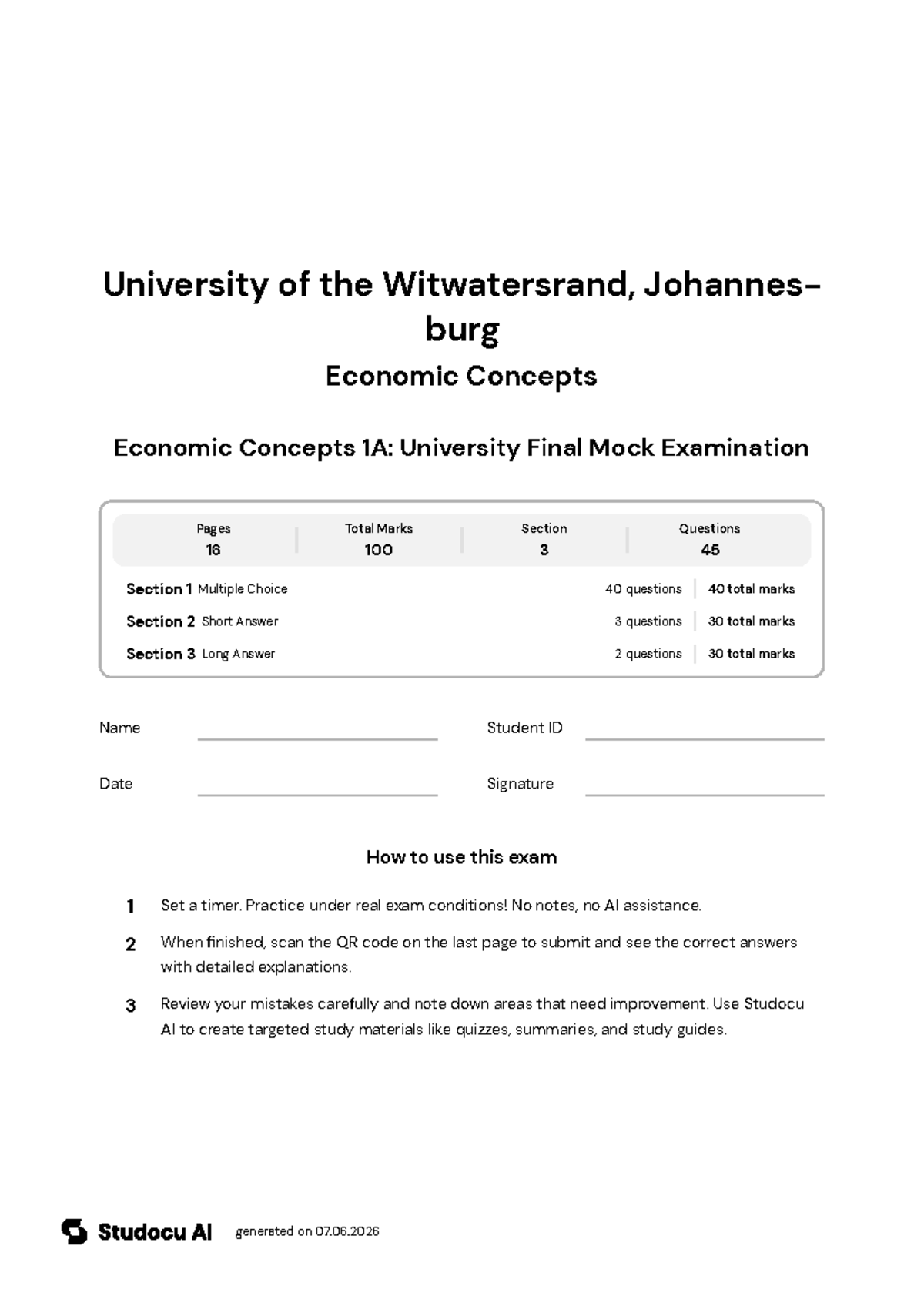 Economic Concepts 1A: Final Mock Exam - Studocu