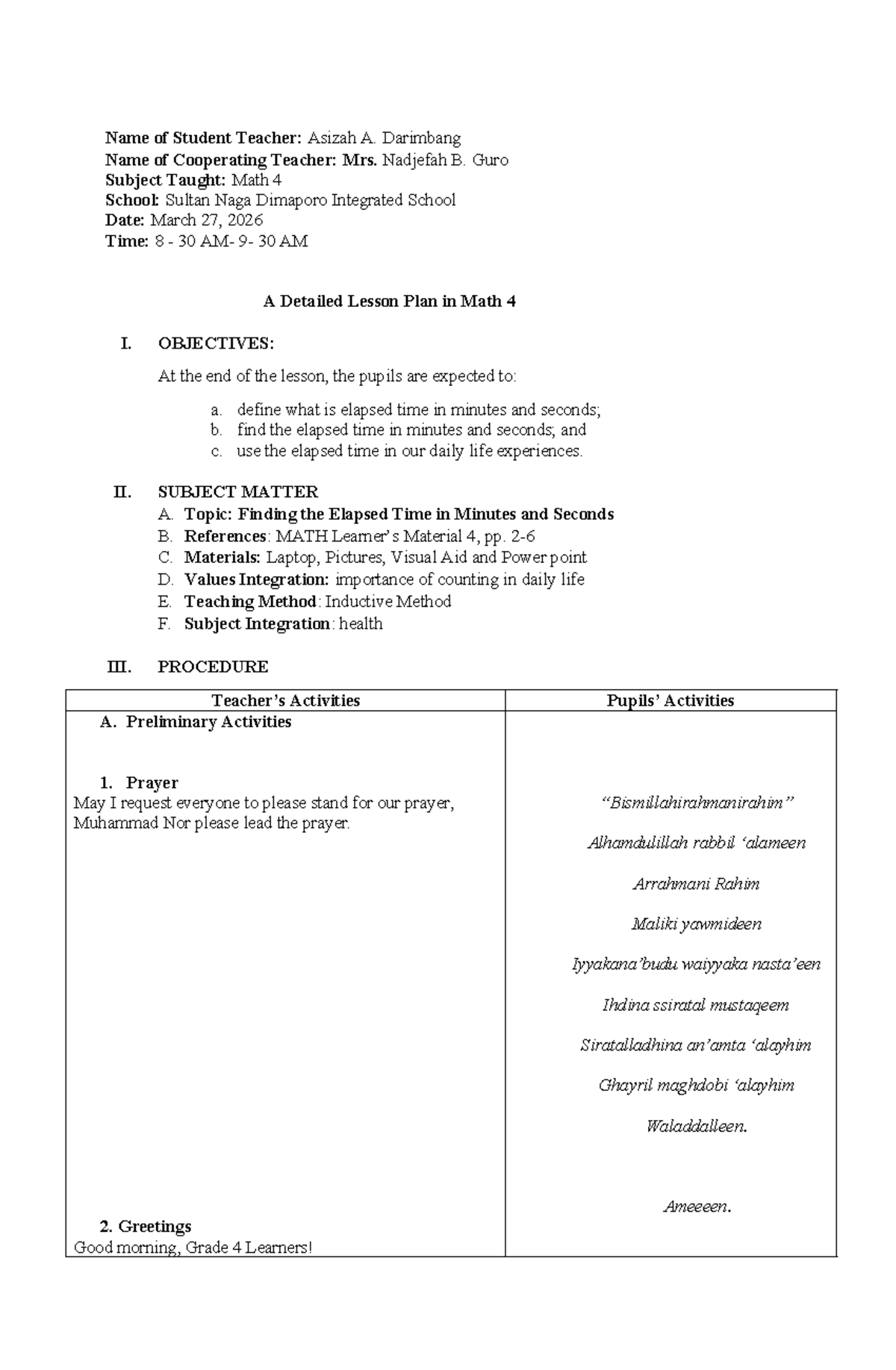 Detailed Lesson Plan: Finding Elapsed Time in Math 4 - Studocu