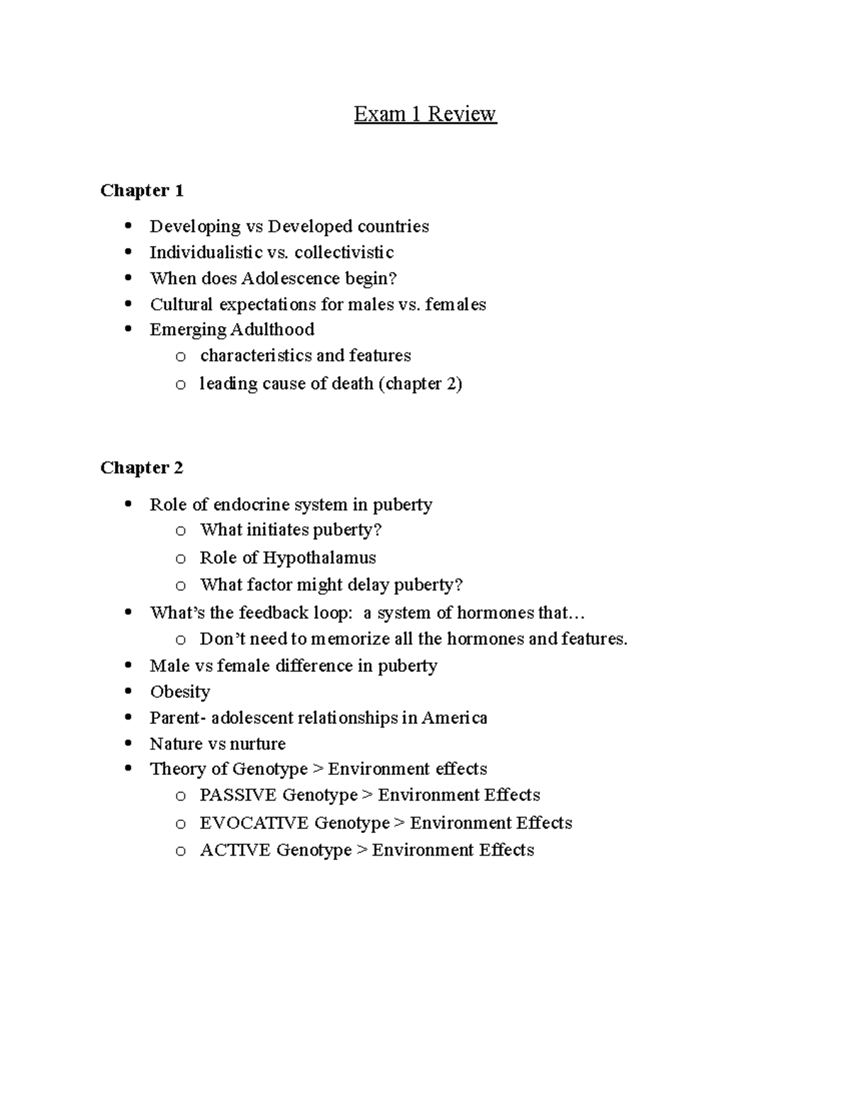 Exam 1 Review Sheet - Exam 1 Review Chapter 1 Developing vs Developed ...