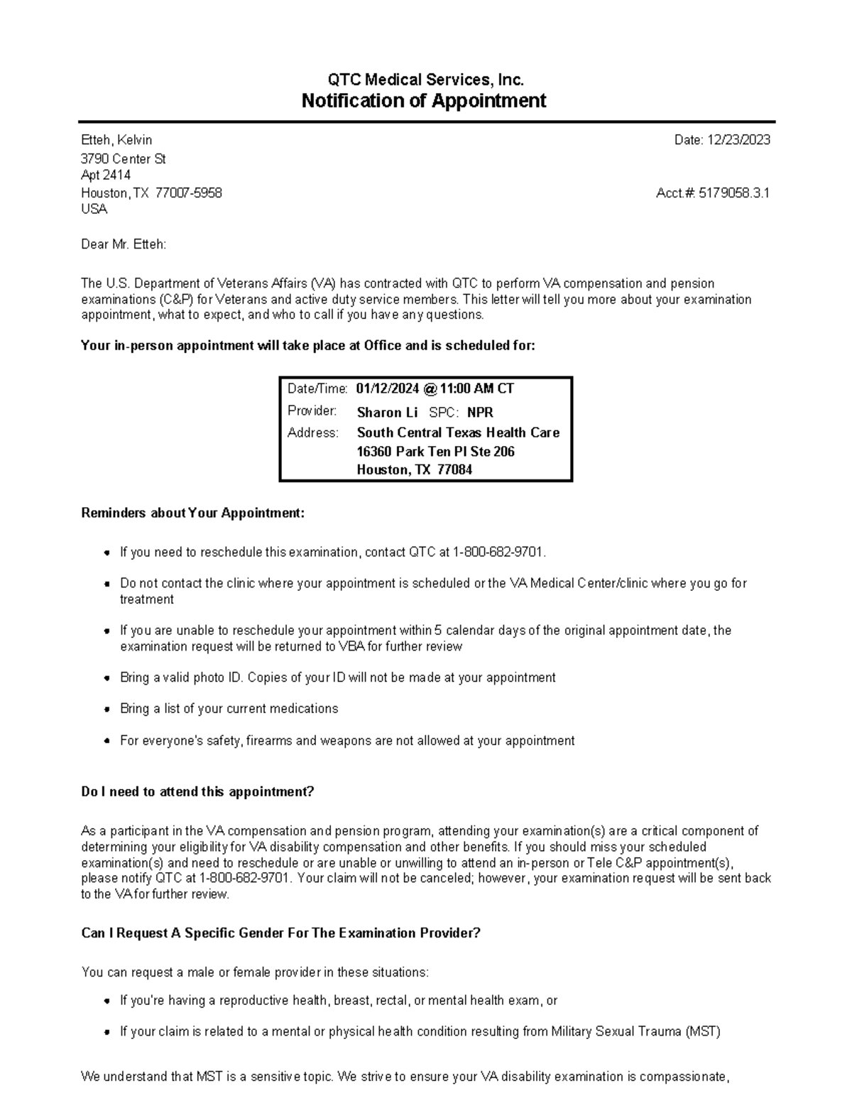 QTC C&P Exam Appointment Notification - Etteh, Kelvin - Studocu