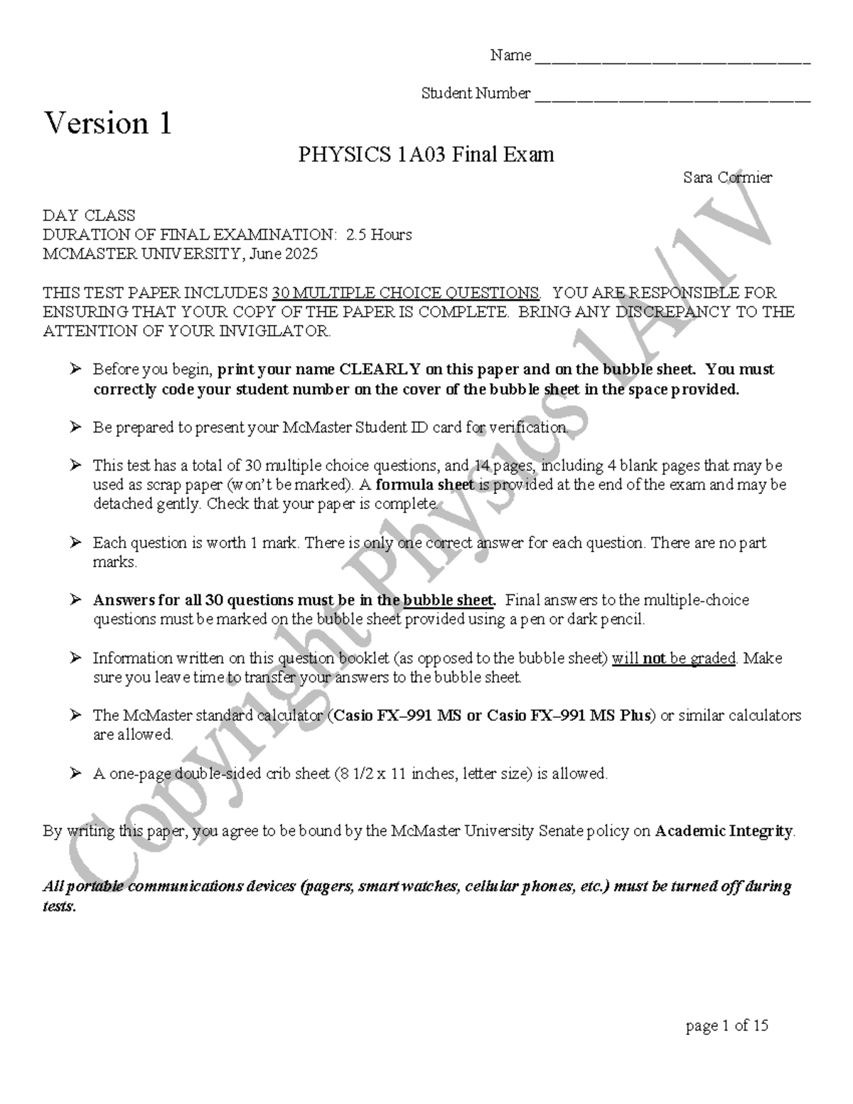 PHYSICS 1A03 Final Exam Review - June 2025 - Studocu