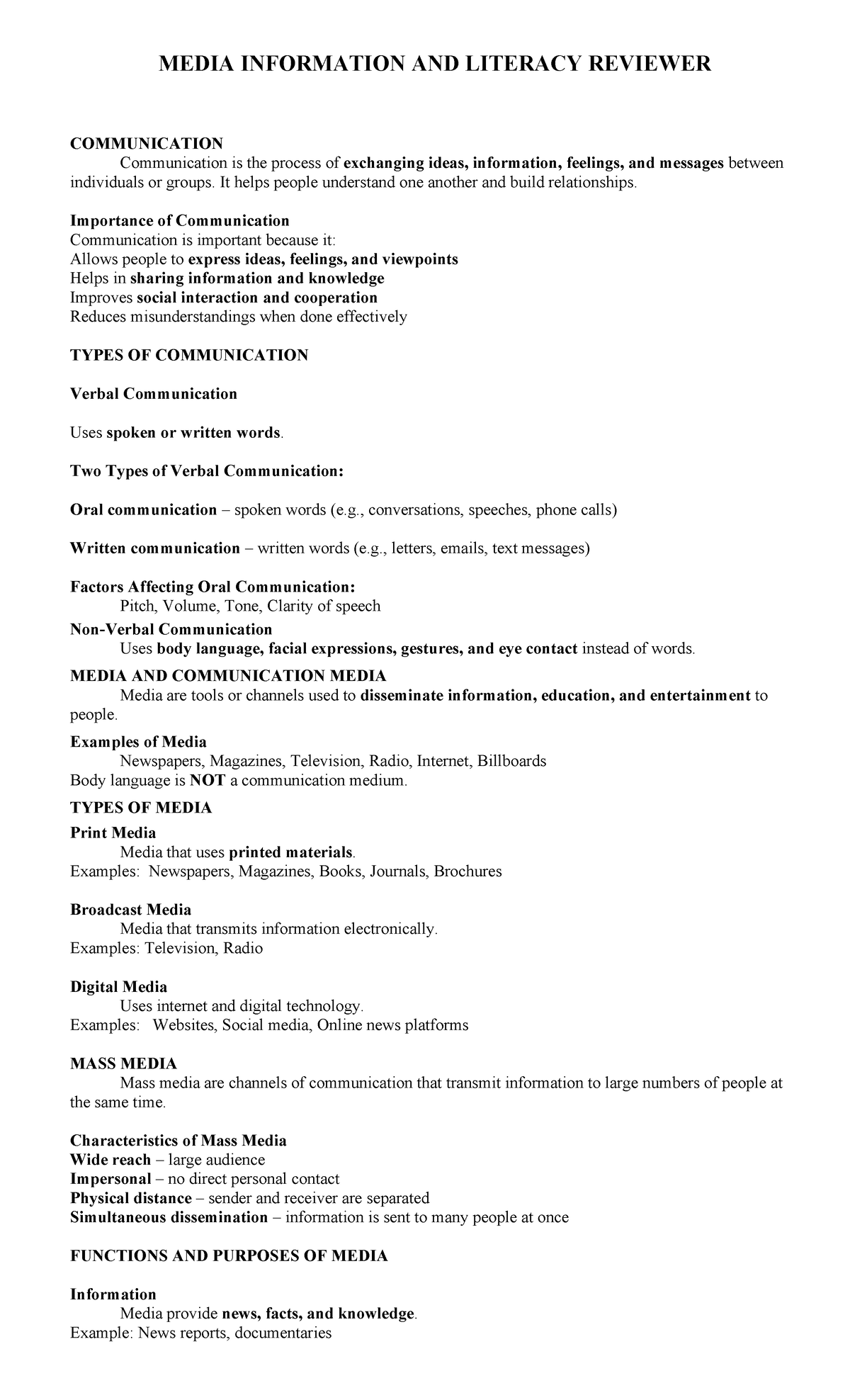 MEDIA 101: Communication and Media Literacy Reviewer - Studocu