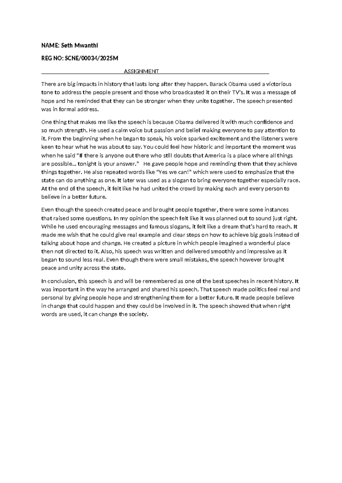 Barack Obama Speech Analysis: Impact and Unity Assignment - Studocu