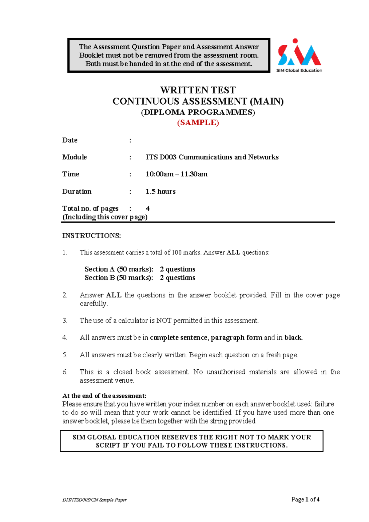 DIT CN Sample Common Test: Communications & Networks Assessment - Studocu