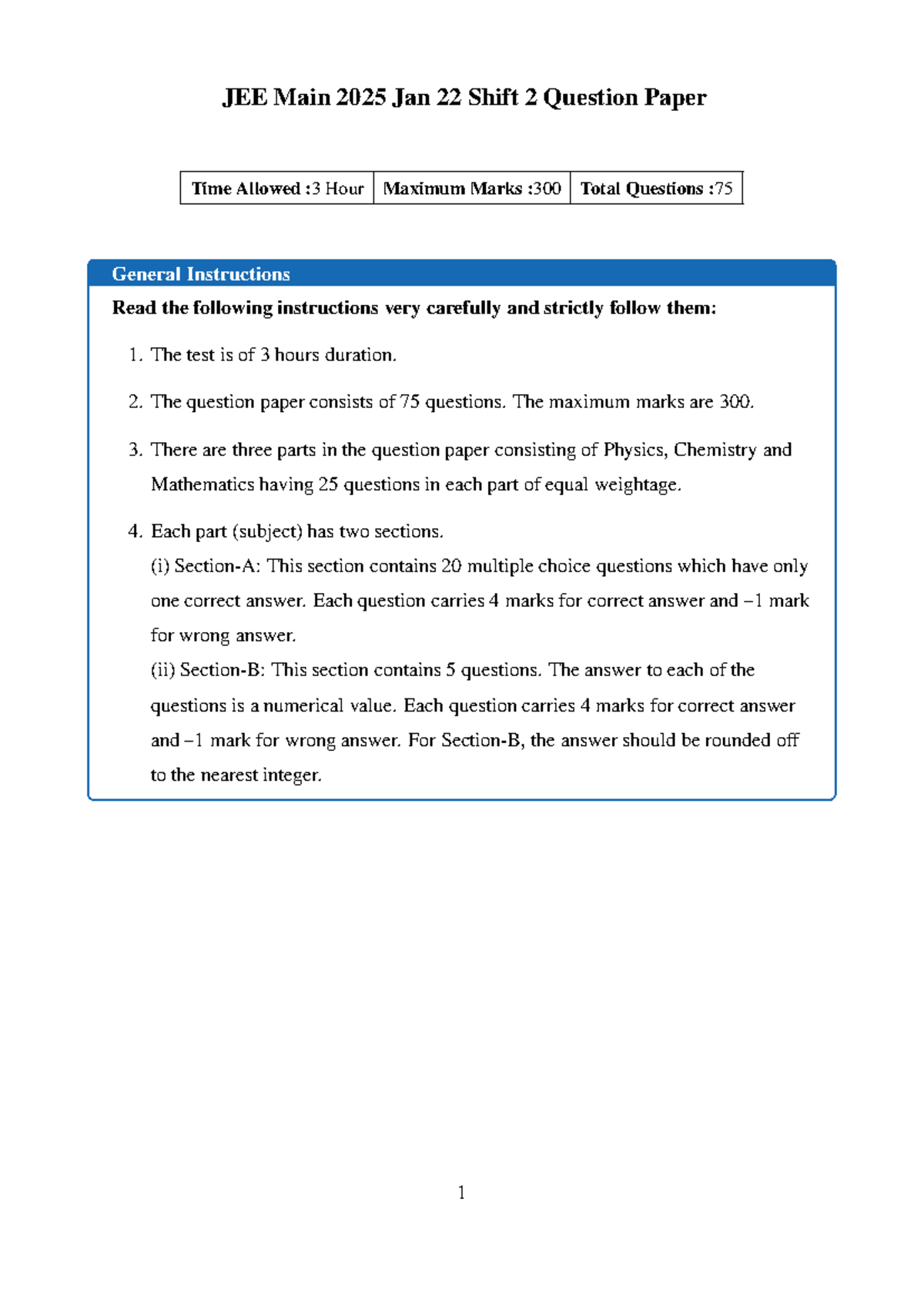 JEE Main 2025 Jan 22 Shift 2 Question Paper - Studocu