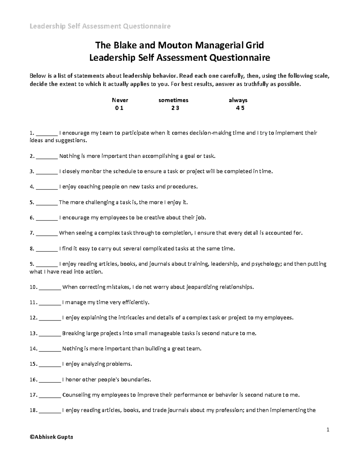 Leadership Self-Assessment Questionnaire: Blake & Mouton Grid - Studocu