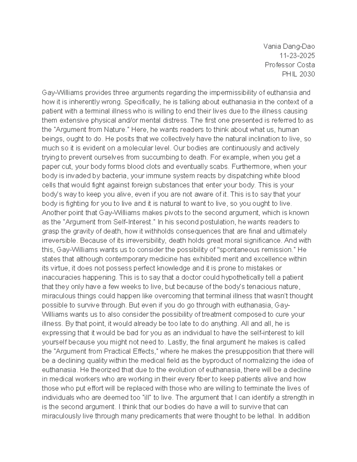 Writing Assignment #4: Gay-Williams on Euthanasia's Wrongfulness (PHIL ...