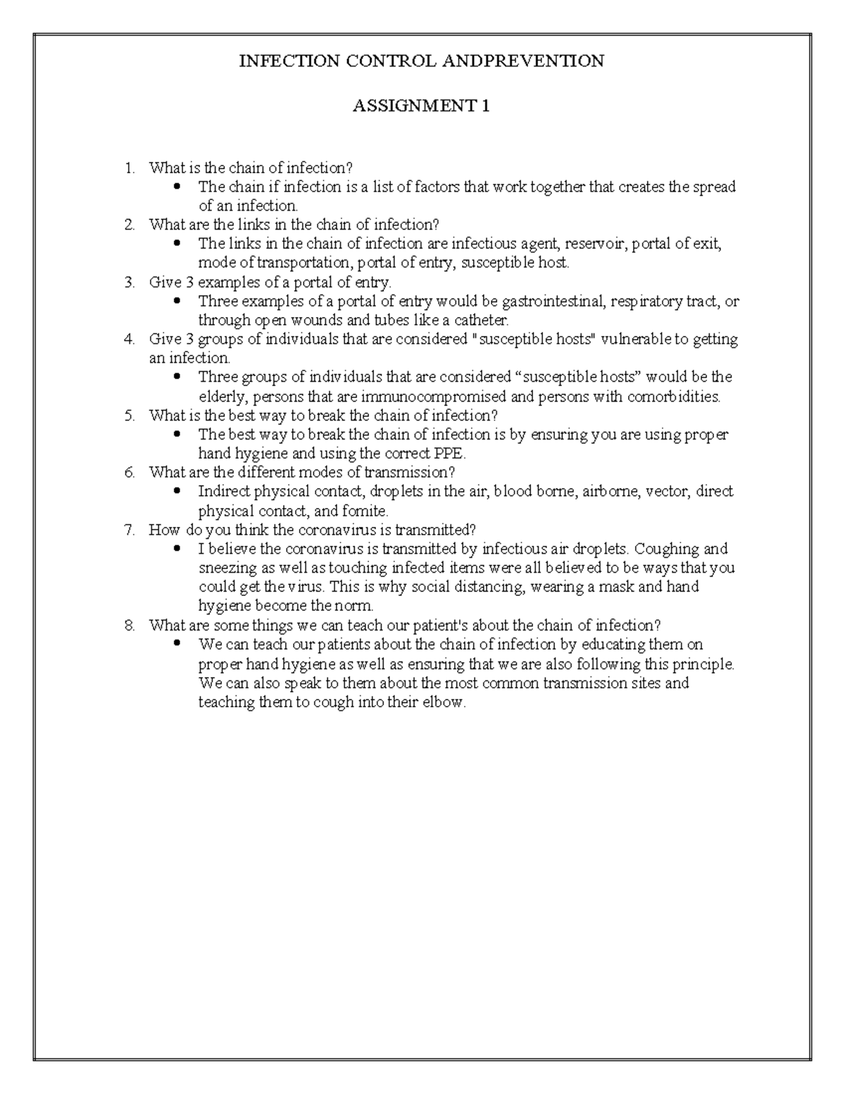 Infection Control and Prevention: Chain of Infection Assignment 1 - Studocu