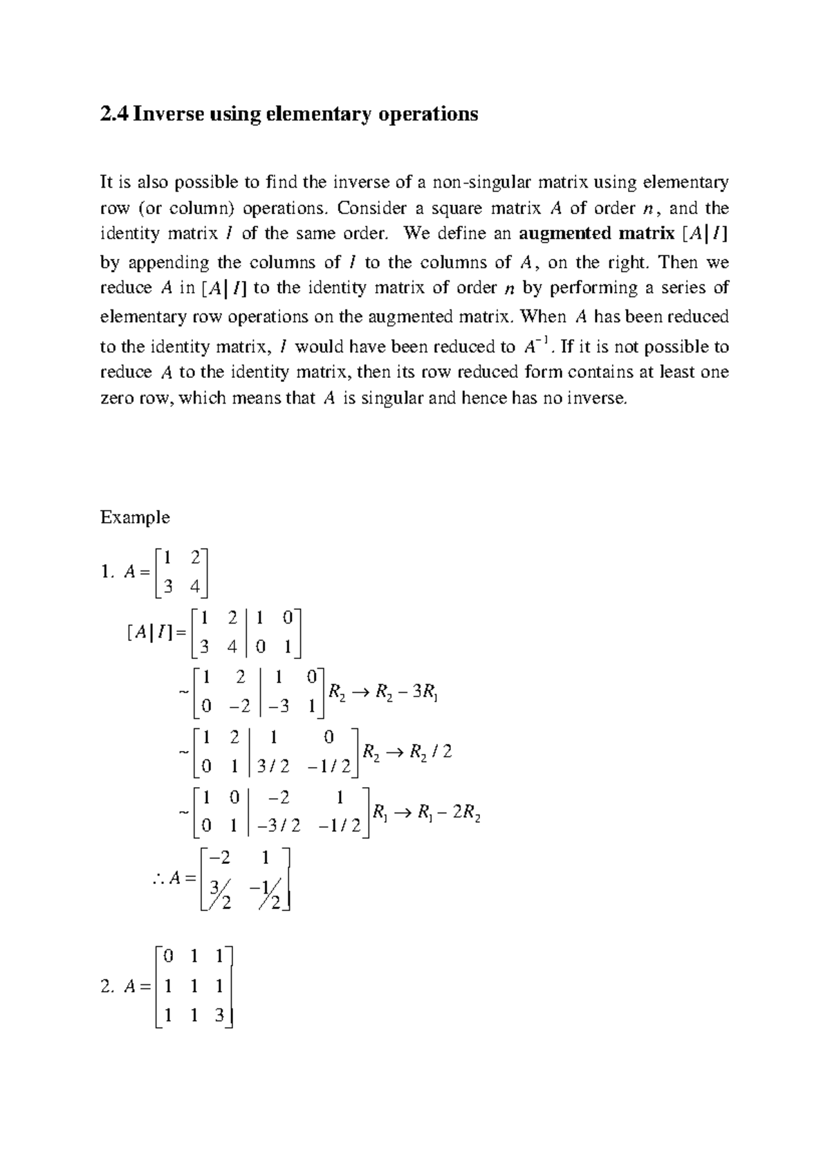 1.2 Matrix Inversion via Elementary Operations - Studocu