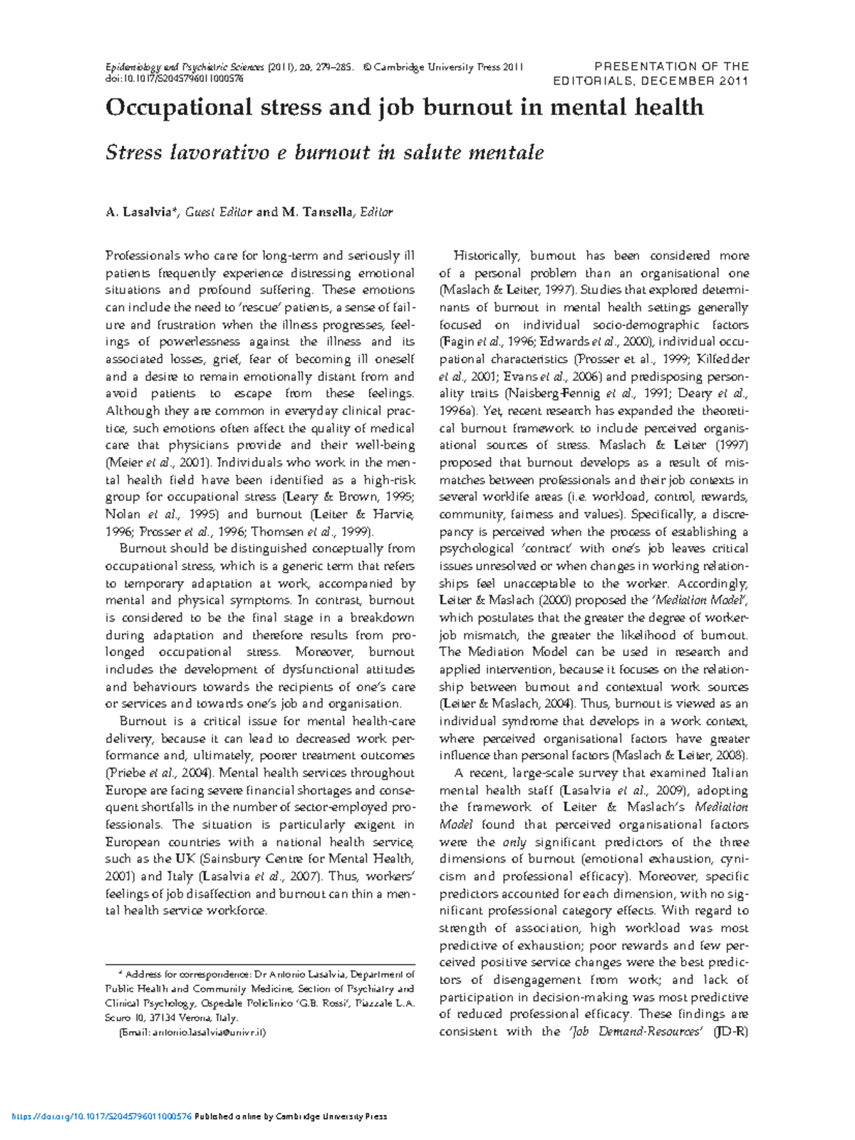 Occupational Stress and Job Burnout in Mental Health (EPS 2011) - Studocu