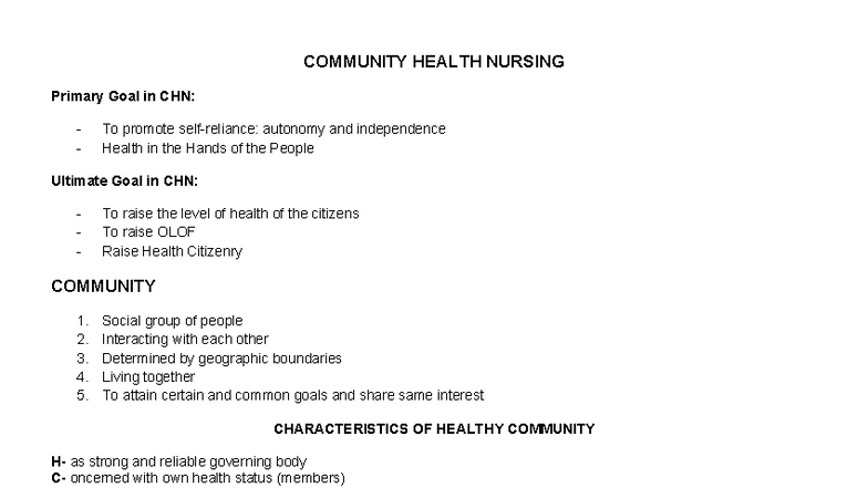 COMMUNITY HEALTH NURSING: Goals, Characteristics, and Roles in CHN ...
