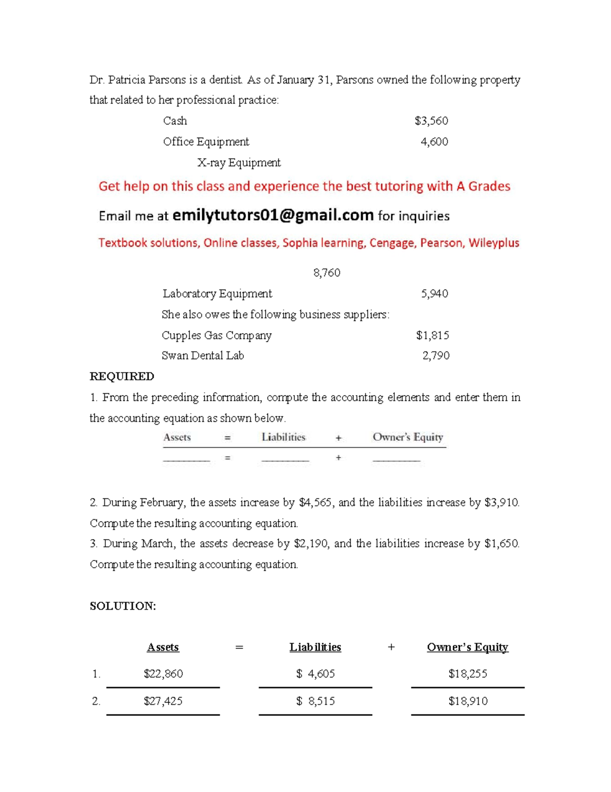 Accounting Equation Analysis for Dr. Patricia Parsons' Practice - Studocu