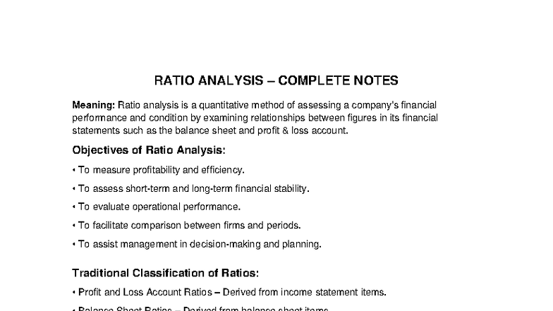 RATIO ANALYSIS NOTES (FIN 101) - COMPLETE GUIDE TO FINANCIAL RATIOS ...