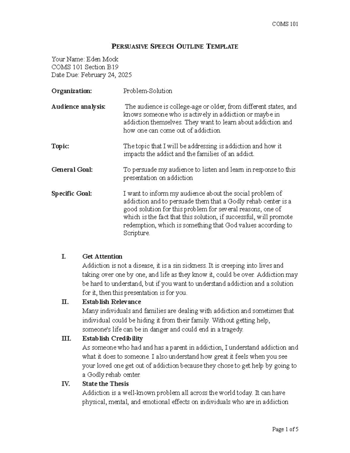 Persuasive Speech Outline Template - PERSUASIVE SPEECH OUTLINE TEMPLATE ...