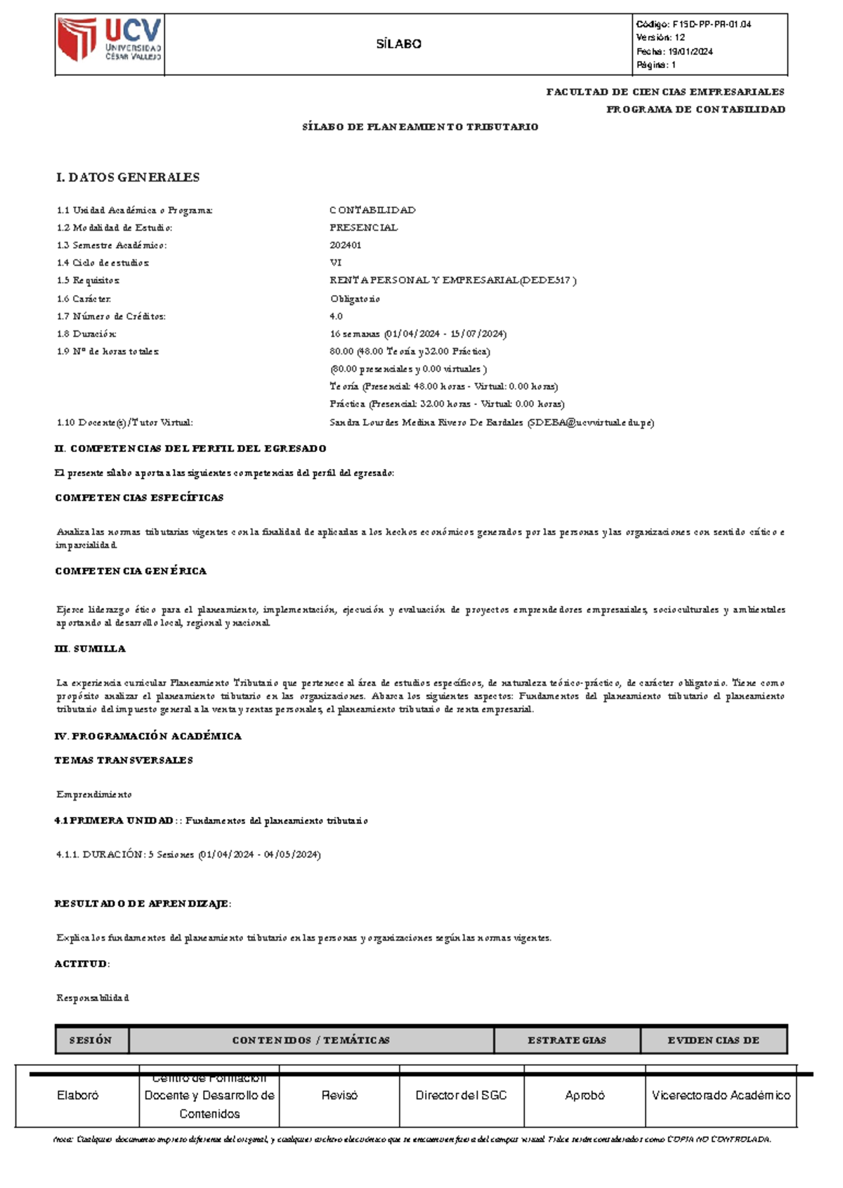Sílabo del Curso de Planeamiento Tributario CONT-202401 - Studocu