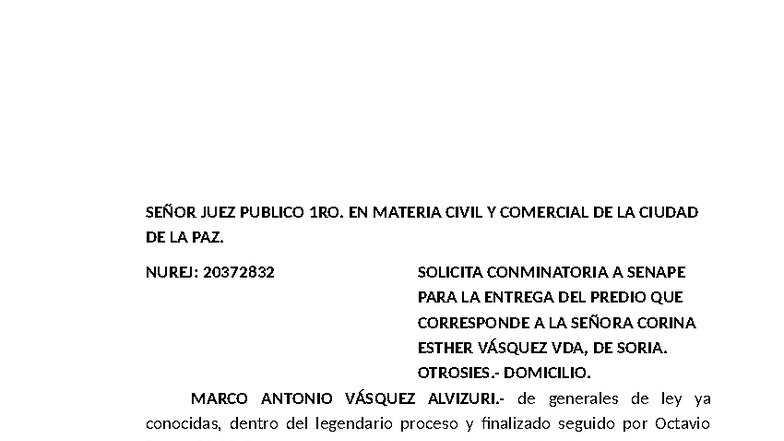 Conminatoria a SENAPE para Entrega de Predio - Caso Corina Vásquez ...