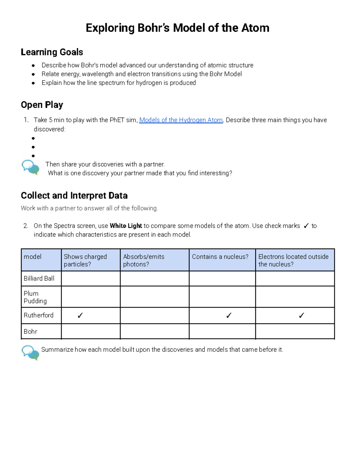 Exploring Bohr's Model of the Atom - Activity Sheet - Studocu