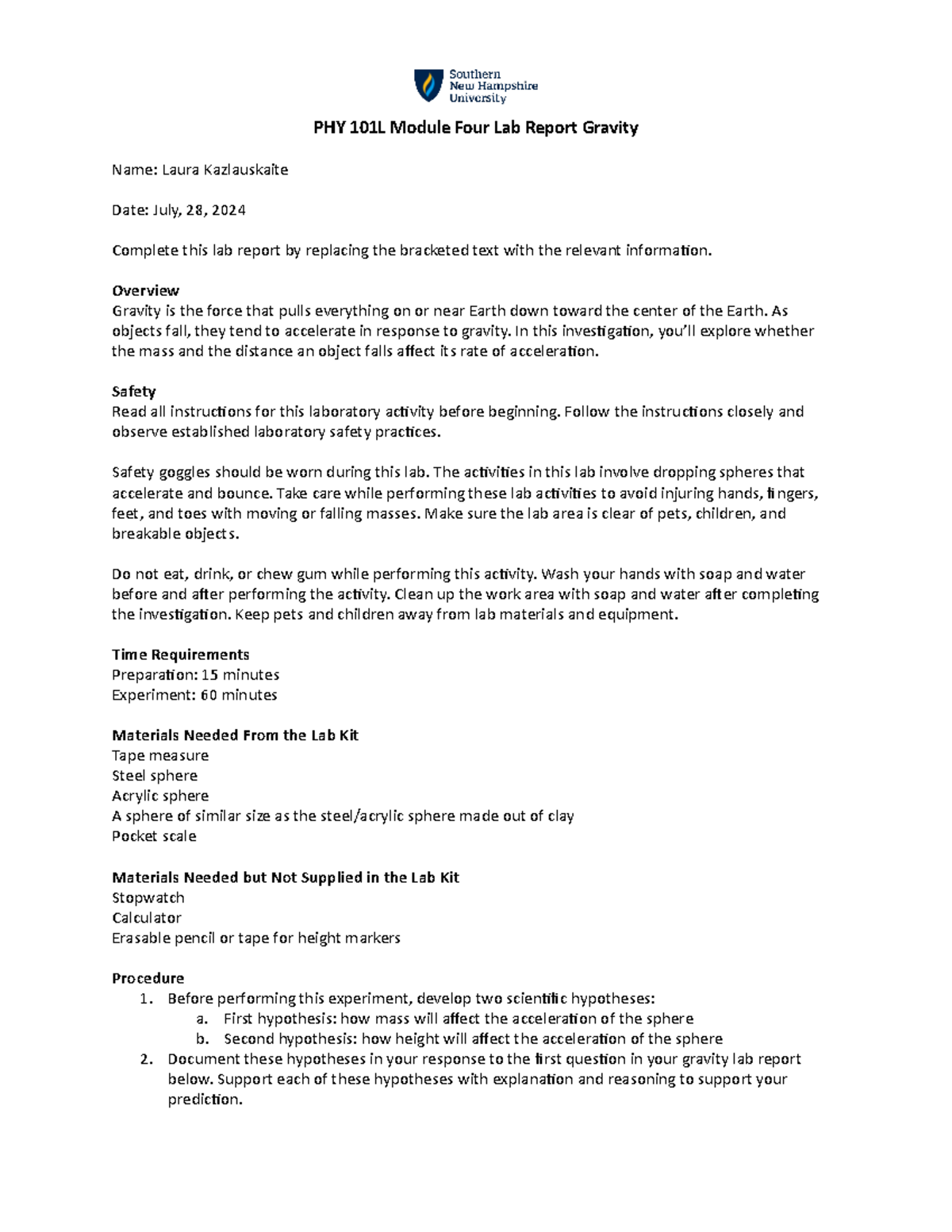 PHY 101L Module Four Lab Report: Investigating Gravity's Effects - Studocu