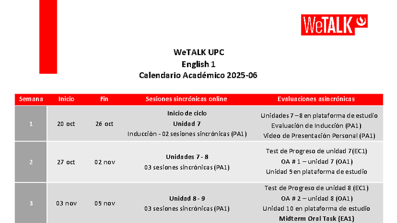 I1 Calendario Académico WeTALK UPC 2025 - Semana 1 a 5 - Studocu
