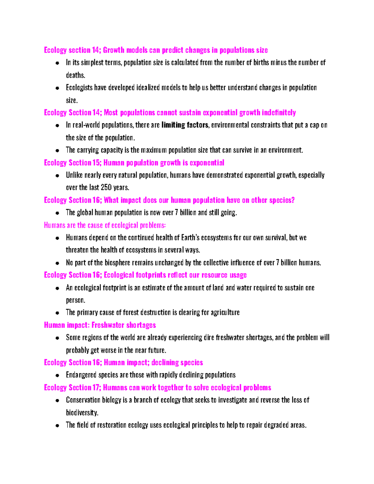 Ecology 14 - Chapter 14: Population Models & Human Impact Notes - Studocu