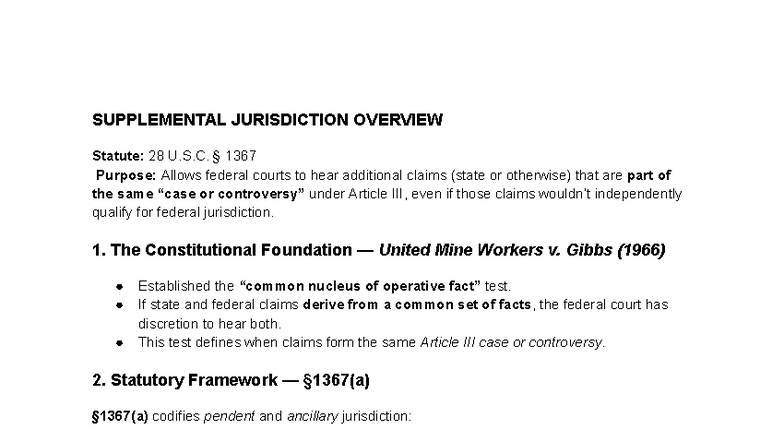 Supplemental Jurisdiction Overview: Key Concepts & Case Law Analysis - Studocu