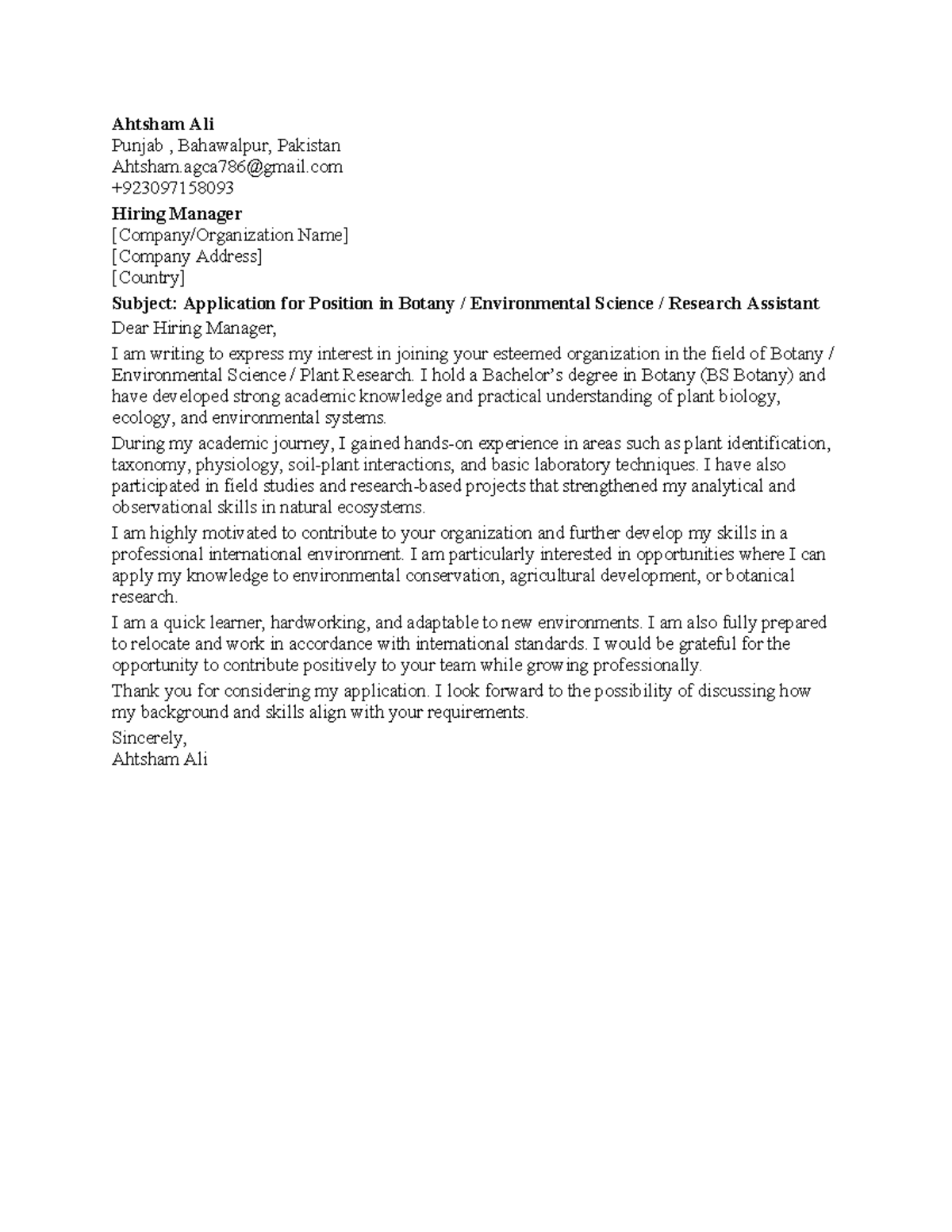 Application for Botany Research Assistant Position - Cover Letter - Studocu