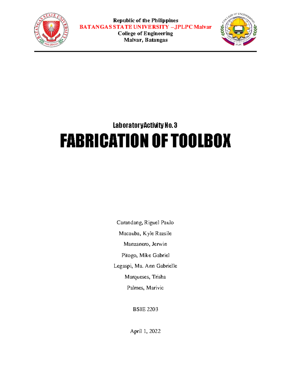 BSIE 2203 Lab Activity 3: Toolbox Fabrication Guide and Procedure - Studocu