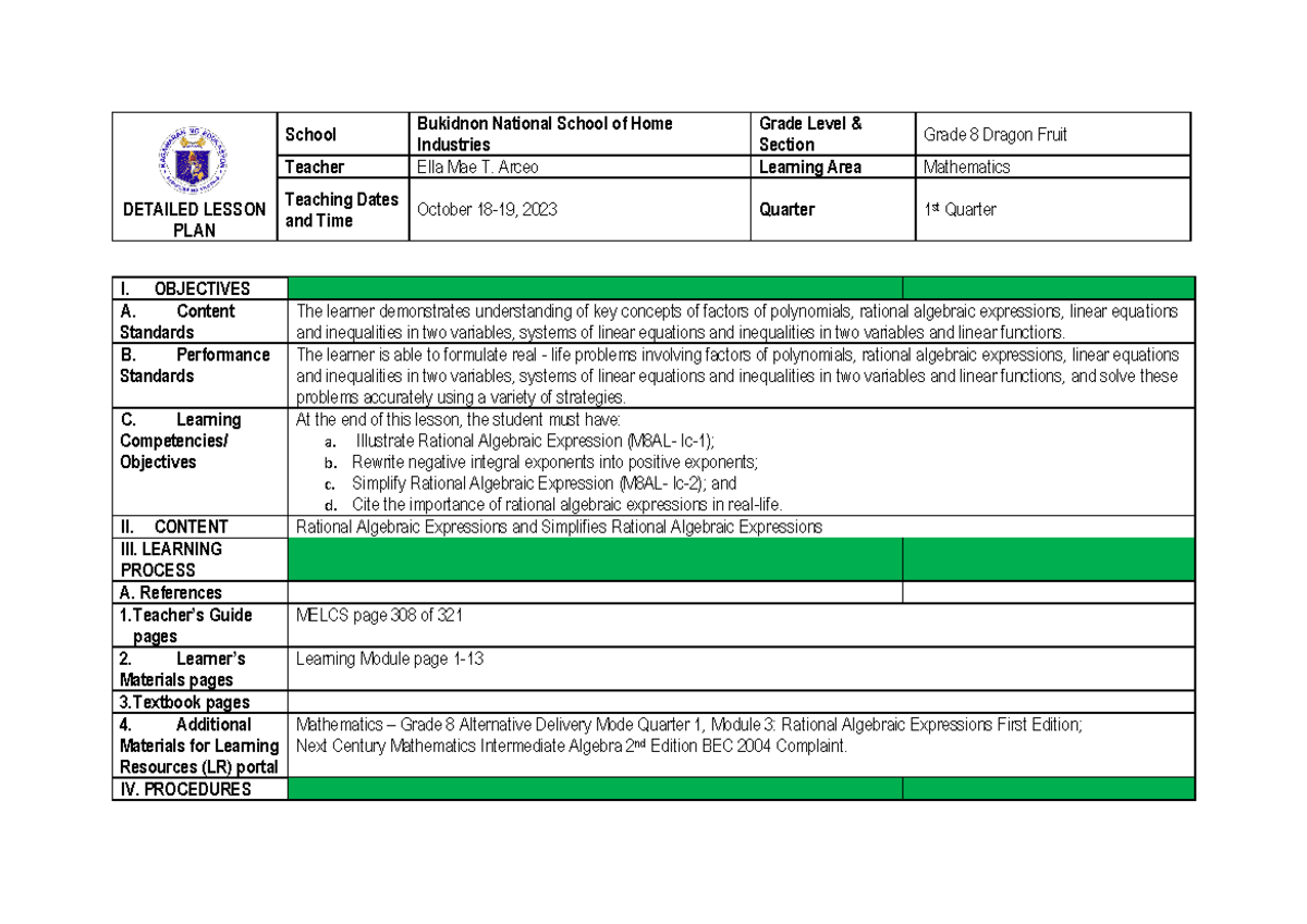 DLP Grade 8 Mathematics Lesson Plan: Rational Algebraic Expressions ...
