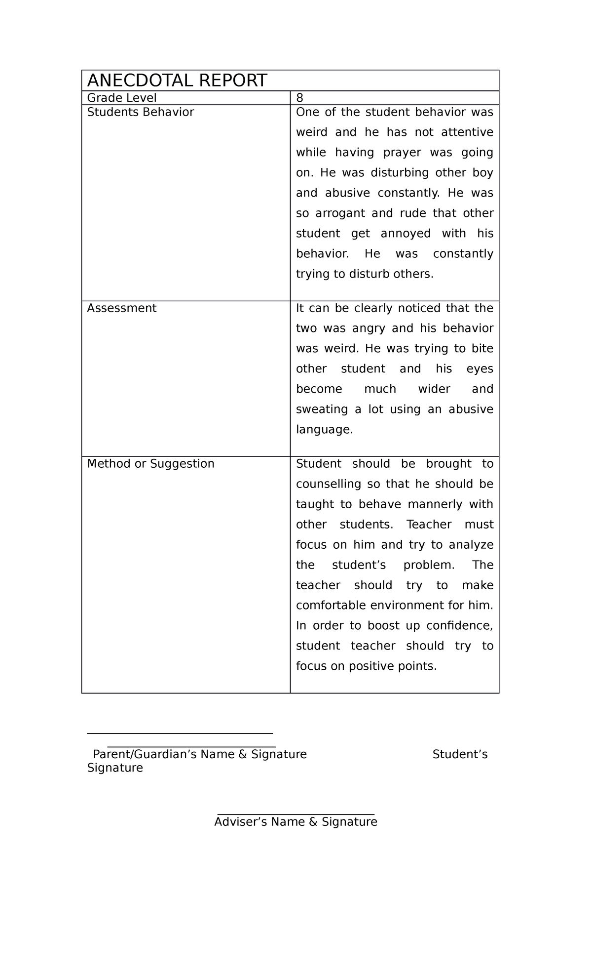 Anecdotal Report 1 - NONE - ANECDOTAL REPORT Grade Level 8 Students ...