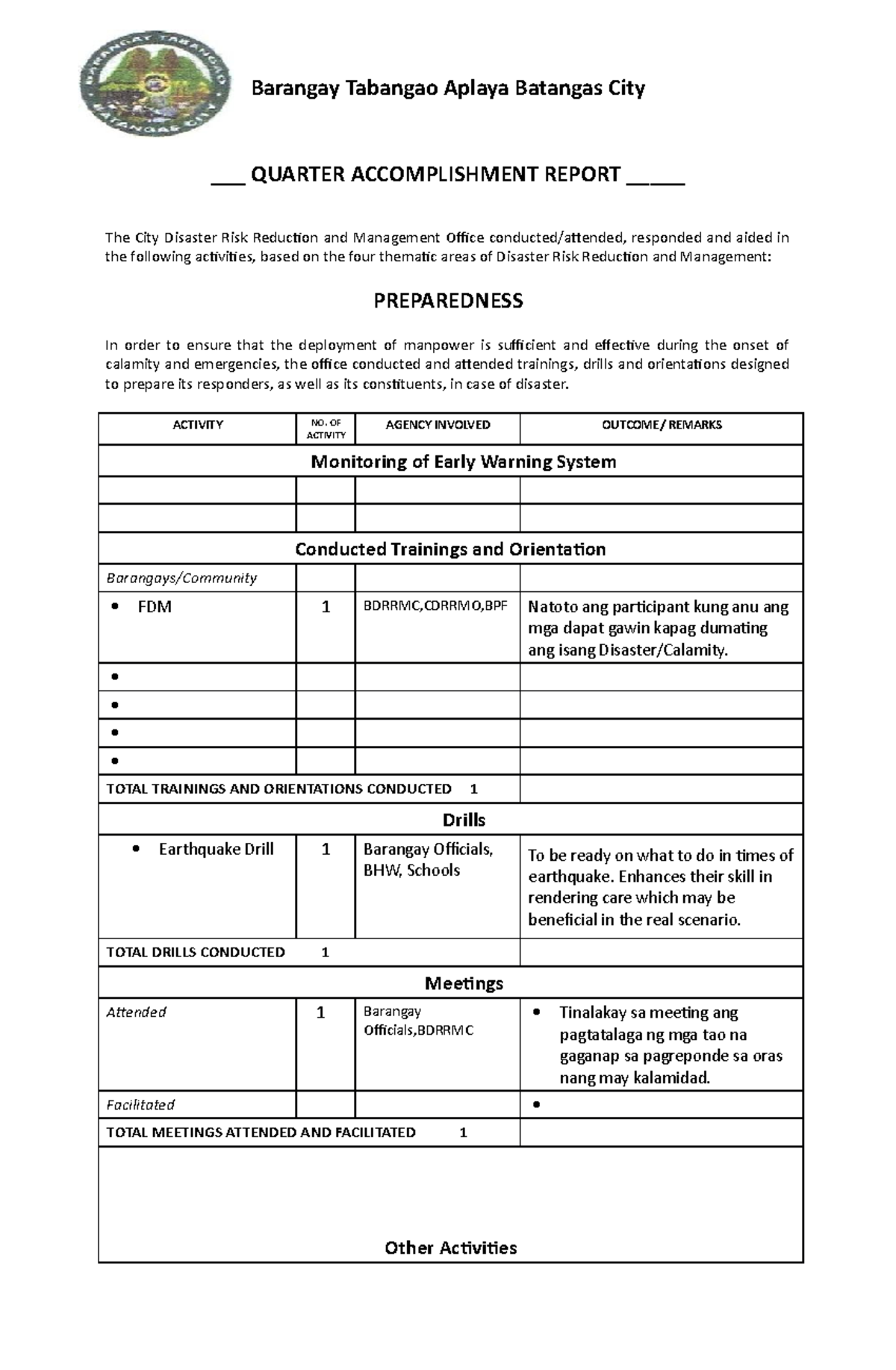 Quarterly Accomplishment Report: Barangay Tabangao - 418066681 - Studocu