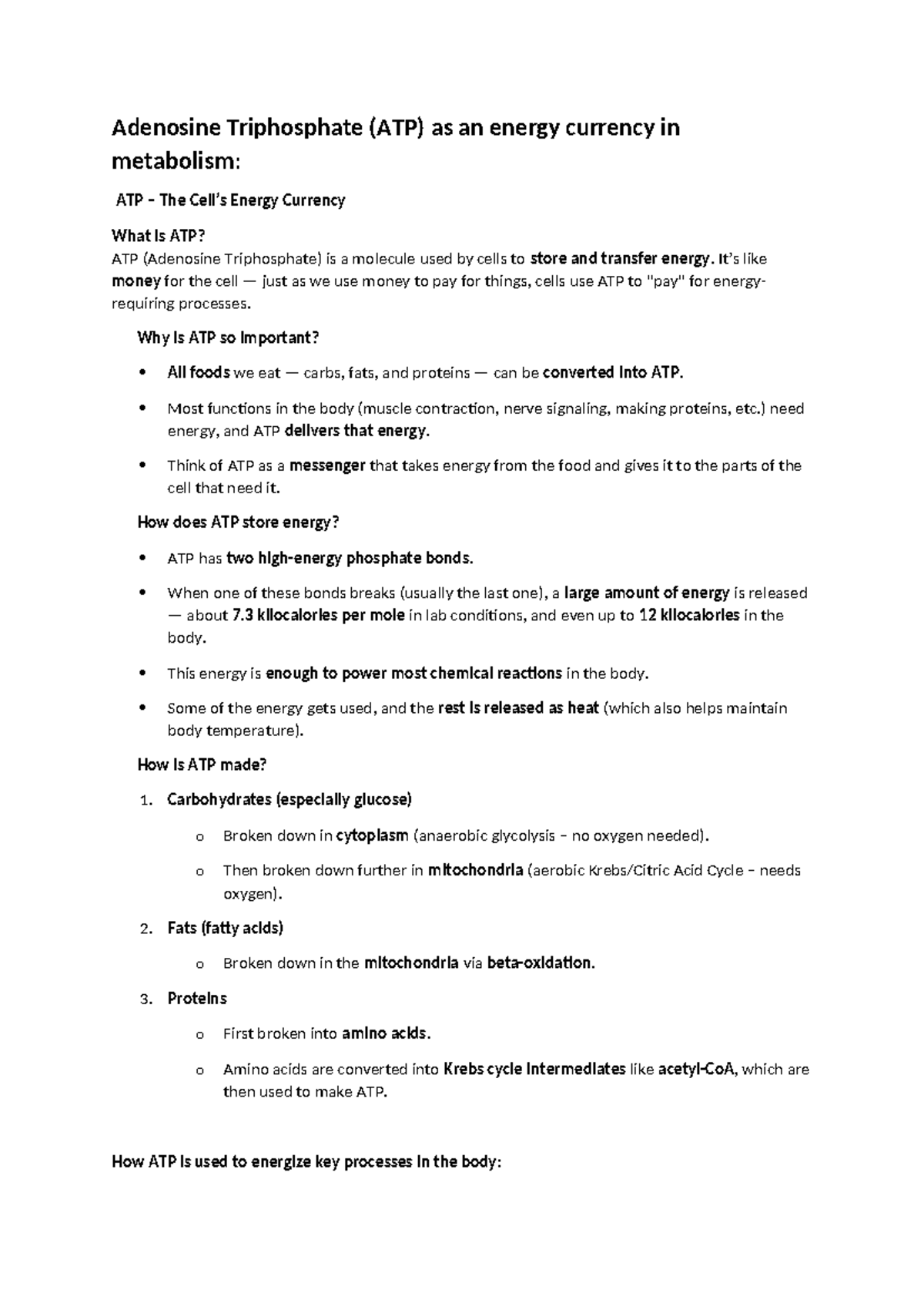 ATP: The Energy Currency in Metabolism and Cellular Functions - Studocu