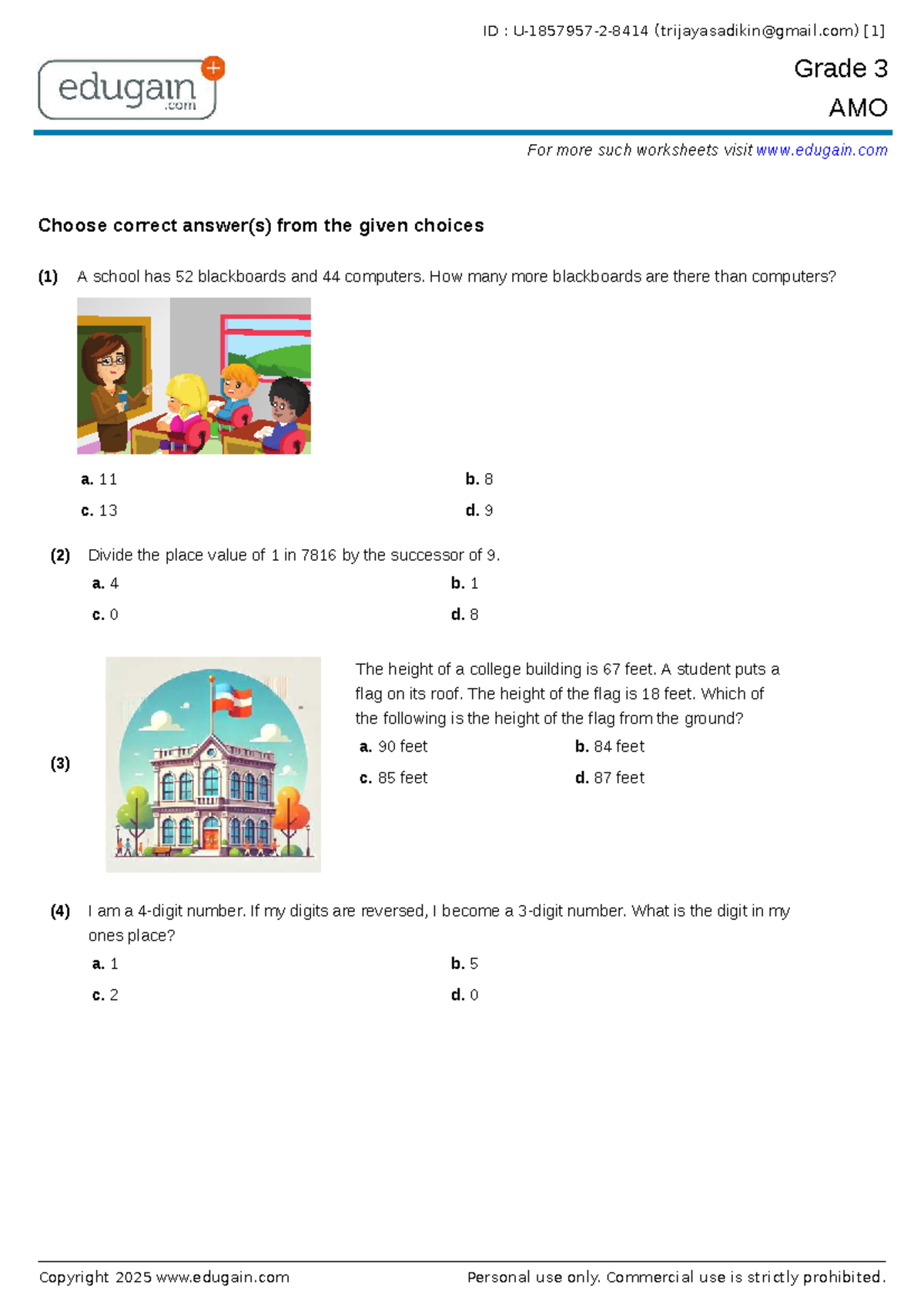 Grade 3 AMO Worksheet: Math Problems & Patterns - Studocu